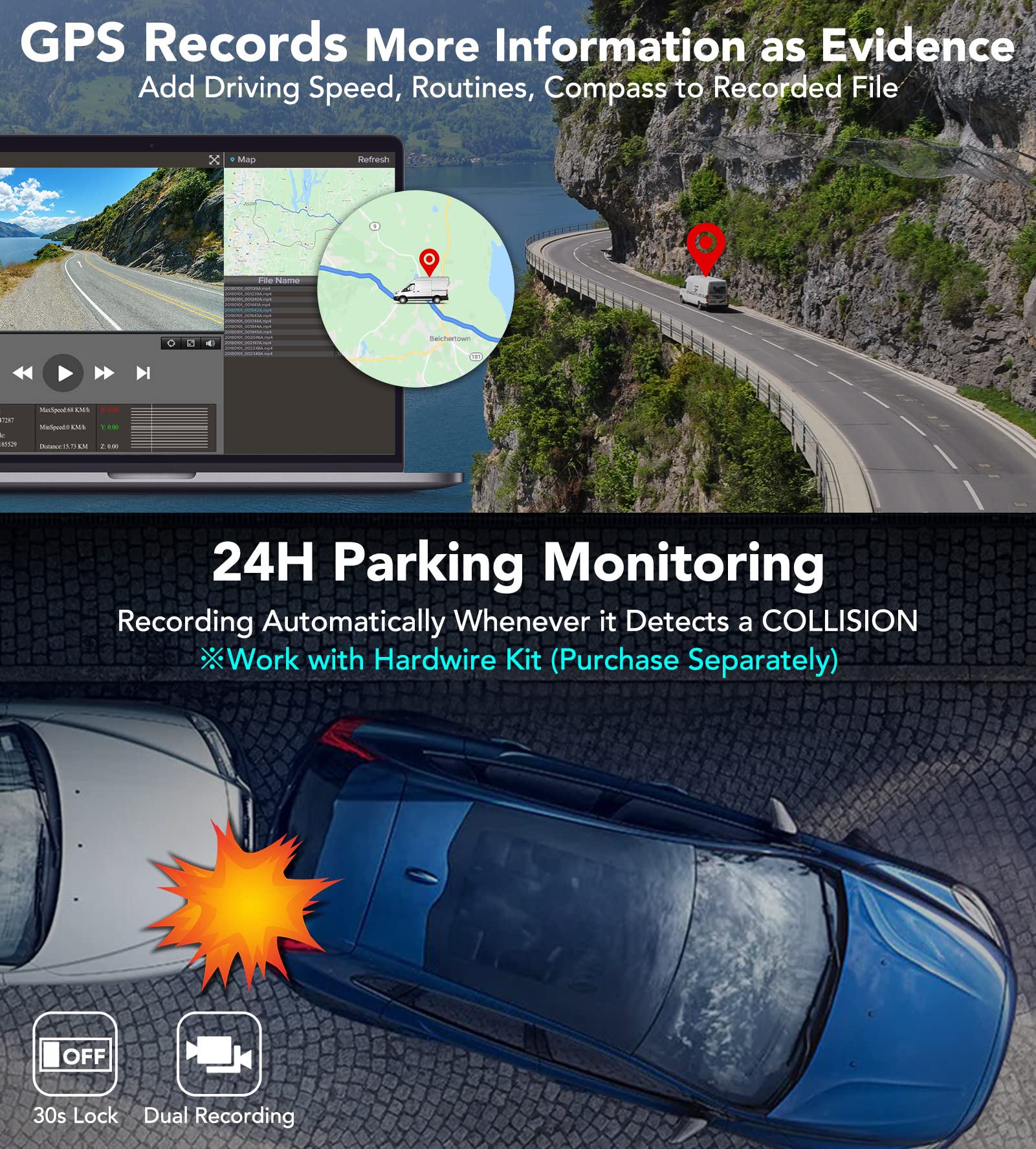 URVOLAX Mirror Dash Cam Backup Camera,11''Rear View Mirror Camera with Detached Front and Rear Cam for Car,Anti Glare Full HD Split Screen 1296P,Night Vision,Parking Assist,GPS,SD Card