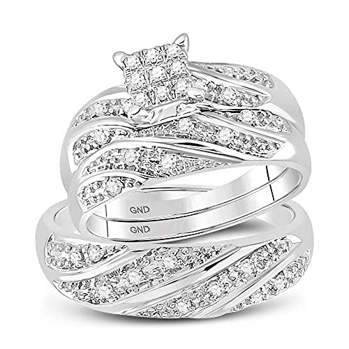 Sizes - L = 4.5, M = 10.5 - 14k White and Yellow 2 Two Tone Gold Mens and Ladies Couple His & Hers Trio 3 Three Ring Bridal Matching Engagement Wedding Ring Band Set - Round Diamonds - Princess Shape Center Setting (1/4 cttw) - Please use drop down menu t