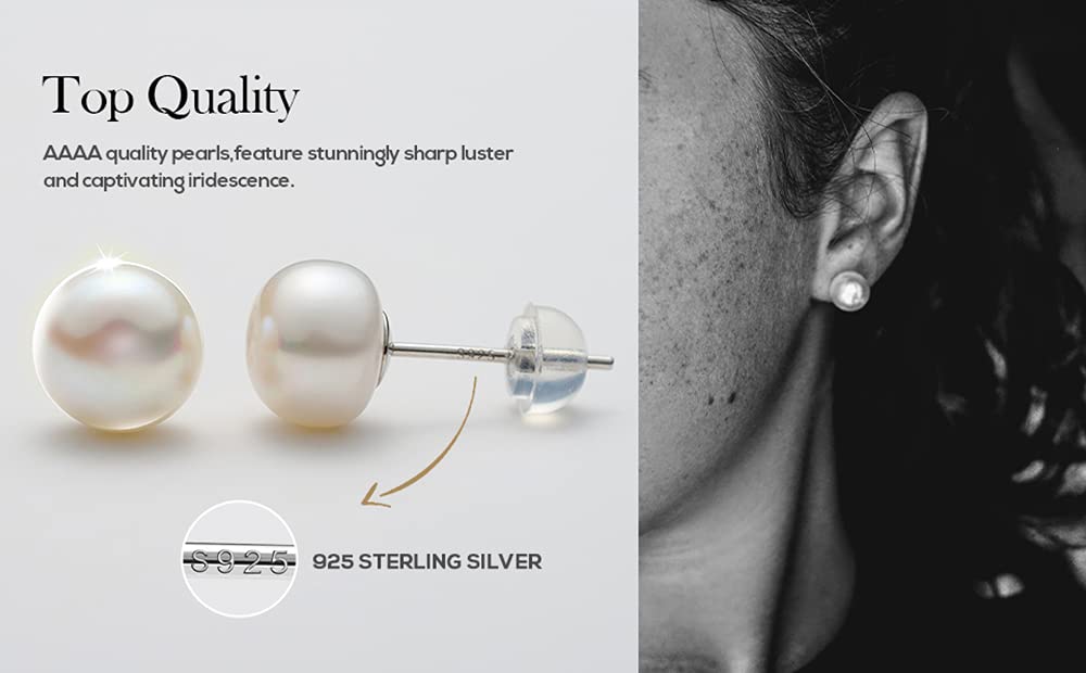 SWEETV Pearl Earrings for Women Real Freshwater Button Pearl Studs for Wedding 9.5-10.0mm Pearl Sterling Silver Earring