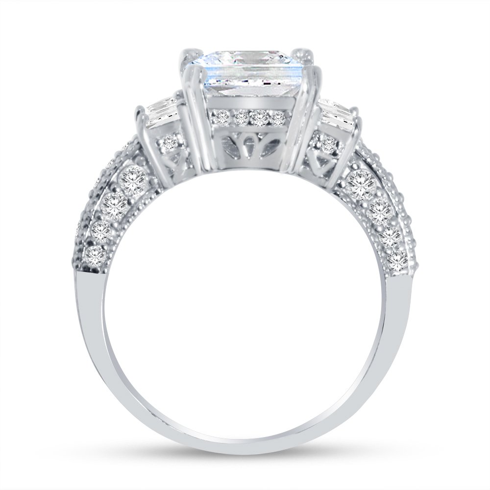Size - 7-14k White Gold Emerald 3 Stone With Accents Milgrain Solitaire Engagement Ring CZ Cubic Zirconia (4.0cttw., 3.0ct. Center)