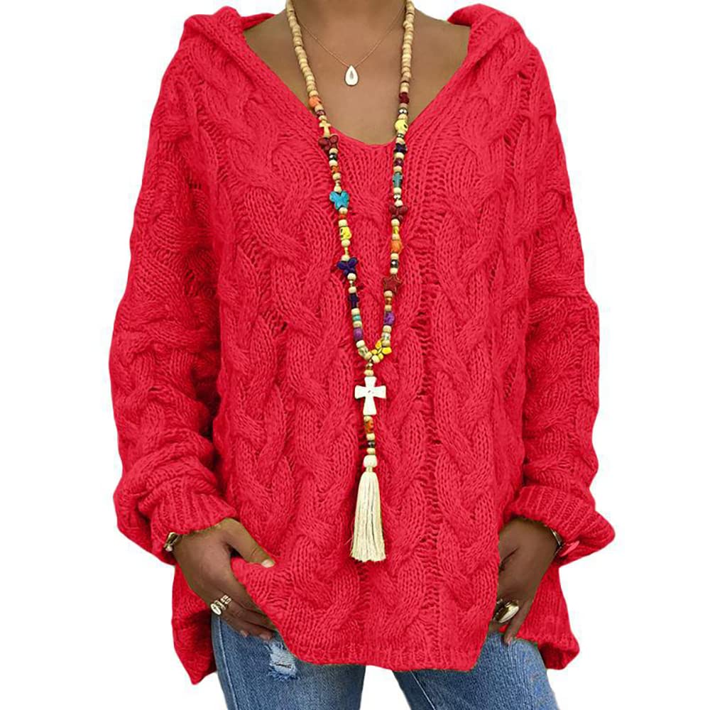 Womens Sweater Jumper Hooded Plus Size Twist Oversized Solid Color Ribbed V-Neck Plain Knitted Tops Loose Knitting Pullover Knitwear(2XL,A Red)