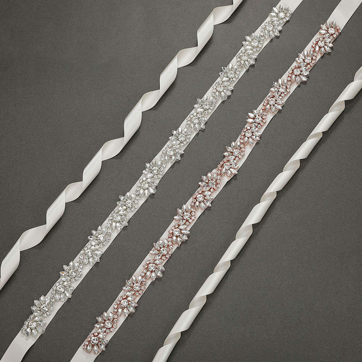 SWEETV Rhinestone Bridal Belt Wedding Dress Belt Bridesmaid Sash Crystal Applique for Evening Gown,Silver