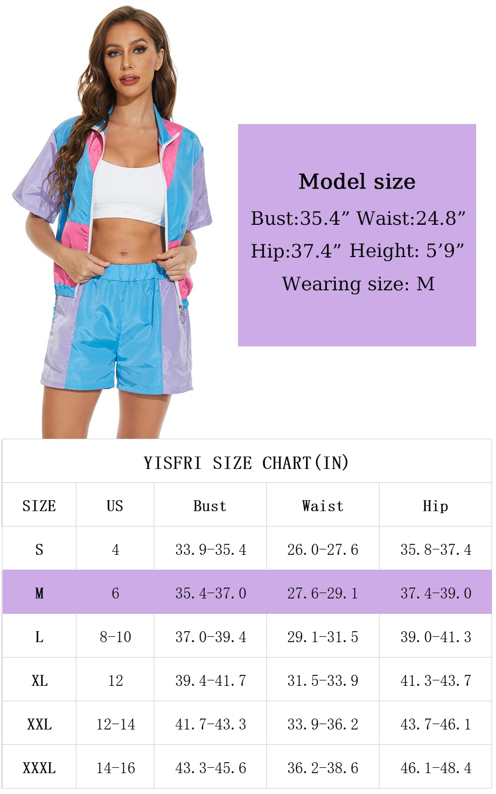 Yisfri Women's Vintage 80s 90s Style 2 Piece Outfit Short Sleeve Zip Front Windbreaker Tracksuit Themed Party Workout Set (Blue, XL)