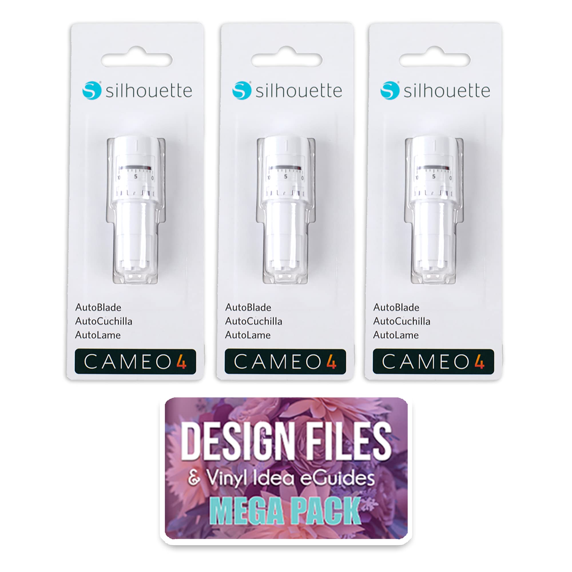 Silhouette Cameo 4, PRO, Plus, & Portrait 2 AutoBlade Replacement 3 Pack Bundle with 200+ Designs