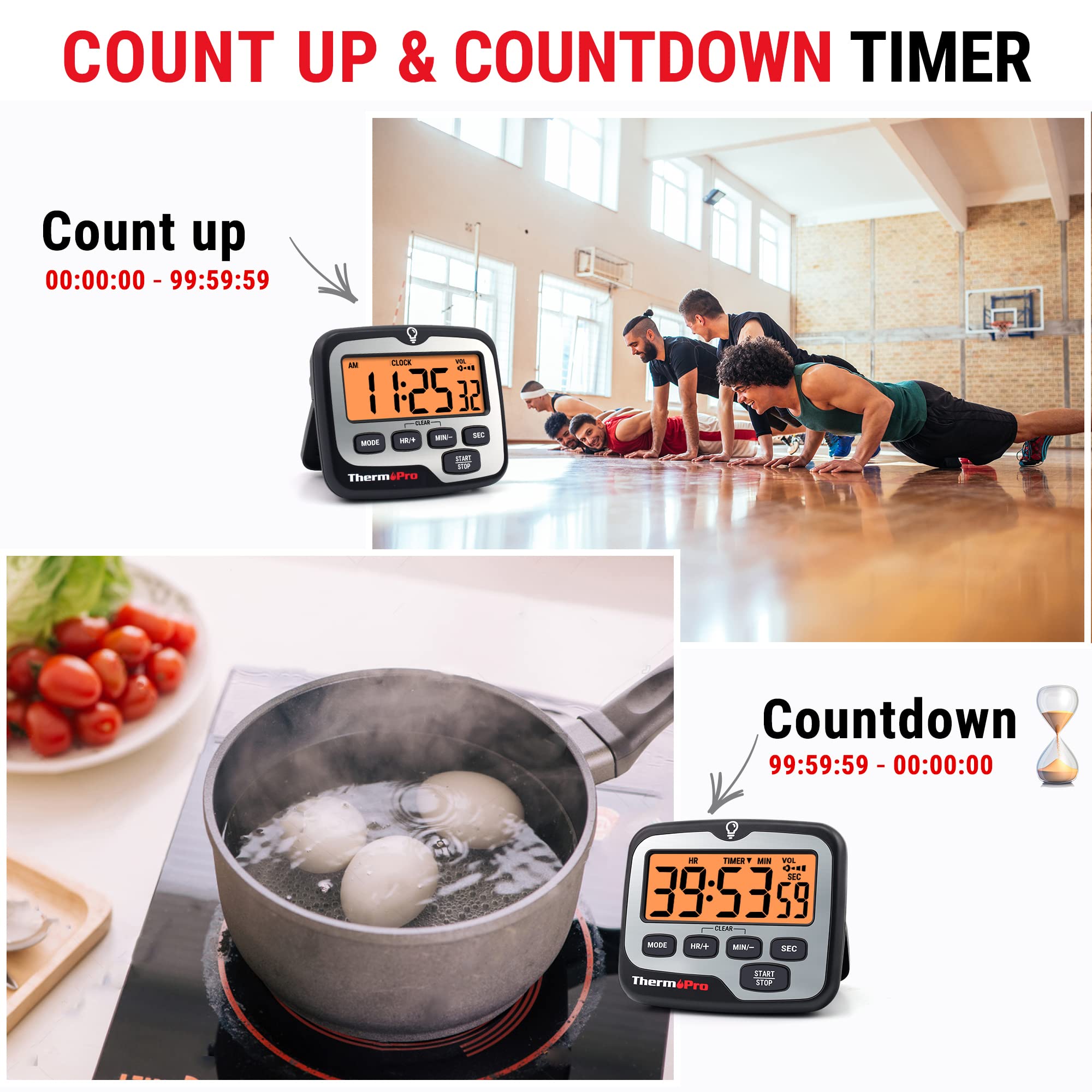 ThermoPro TM01(2 Pack) Kitchen Timers for Cooking with Count Up Countdown Timer, Digital Timer for Kids with Touch Backlit, Study Timers for Classroom Teacher Supplies