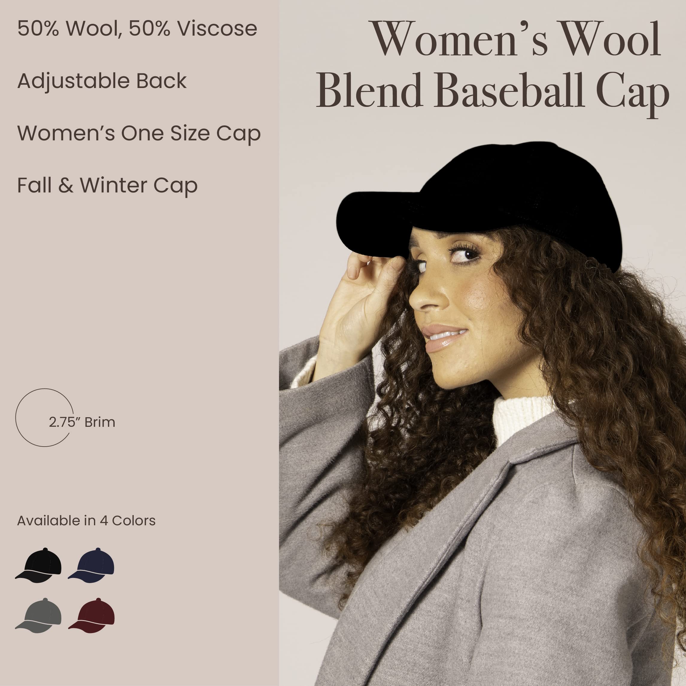 San Diego Hat Company Women's Wool Baseball Hat with Adjustable Back, Black, One Size