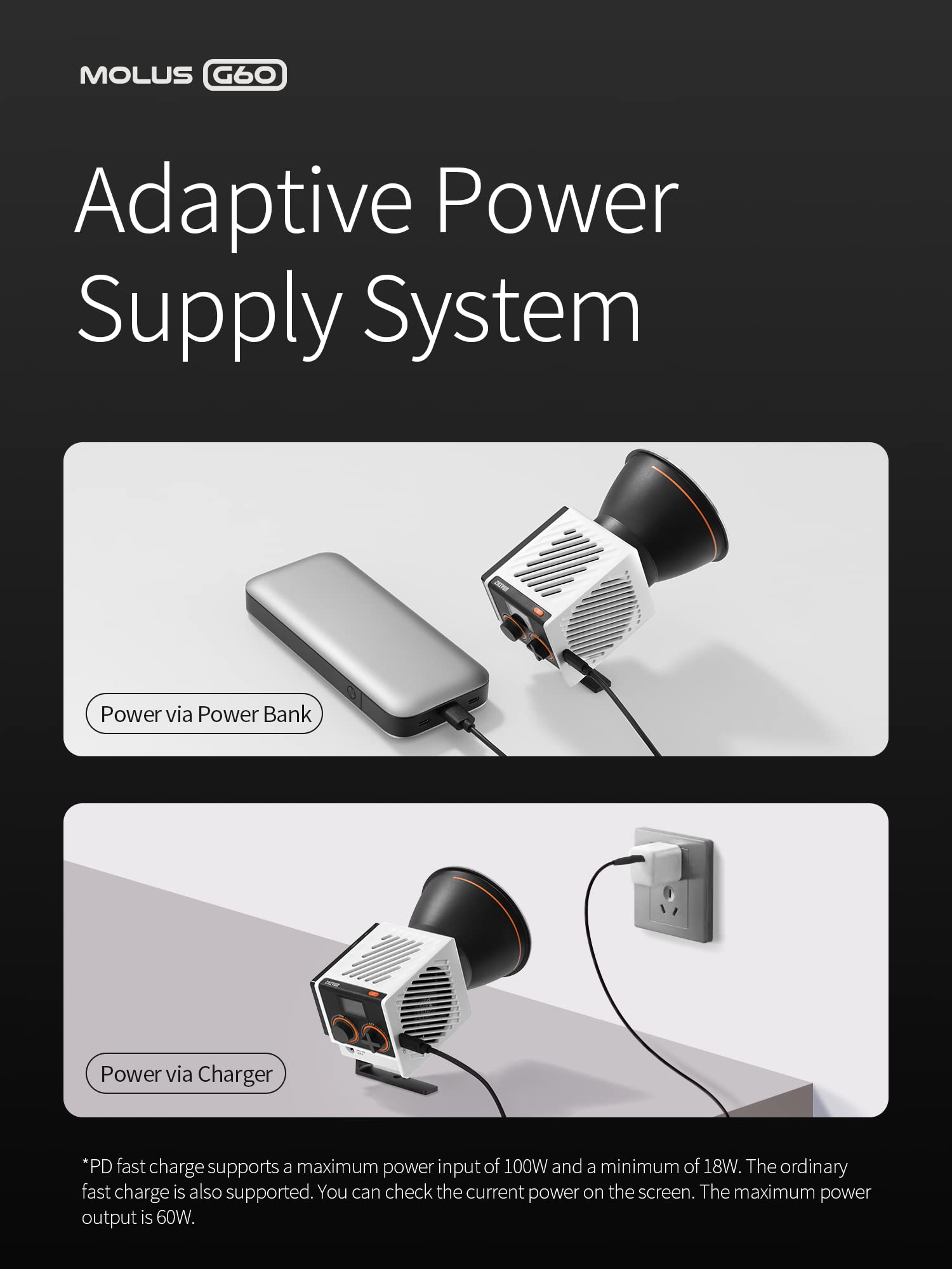 ZHIYUN Molus G60, Bi-Color Video Light, 300g Portable 60W COB LED Continuous Output Lighting, CRI≥96, TLCI≥97, Bluetooth App Control, ZY Mount Ecosystem DC/PD Power Supply