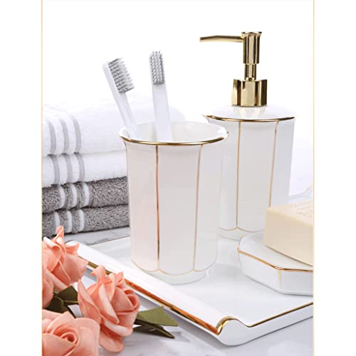 UTOYA Durable Ceramic Bathroom Accessories Set,5 Piece Bathroom Set Complete- Lotion Dispenser,Toothbrush Holder,Tumbler,Soap Dish,Tray(White) Replacement