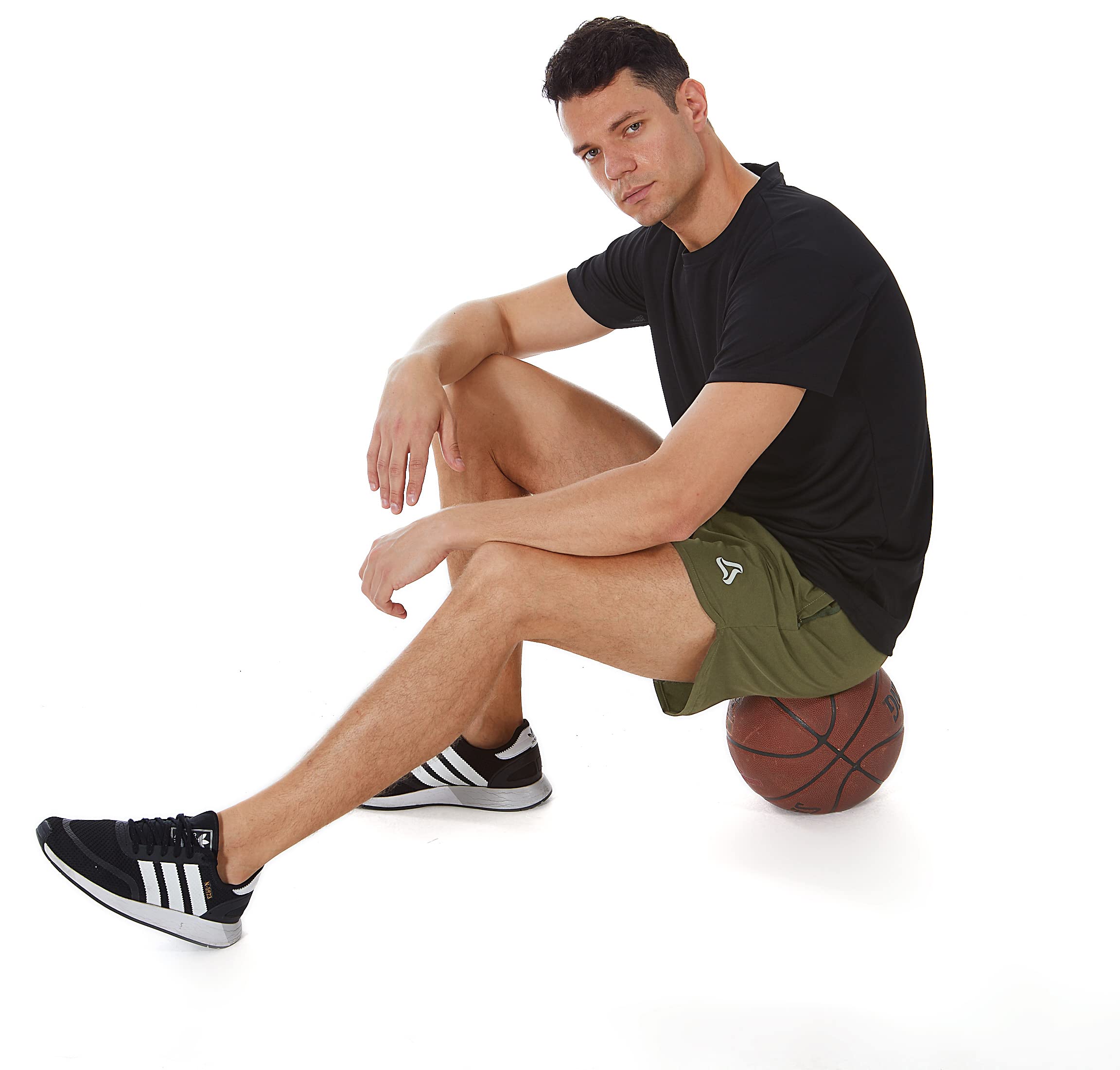SILKWORLD Men's Running Stretch Quick Dry Shorts with Zipper Pockets(Pack of 3), Black, Army Green, Light Grey, Medium