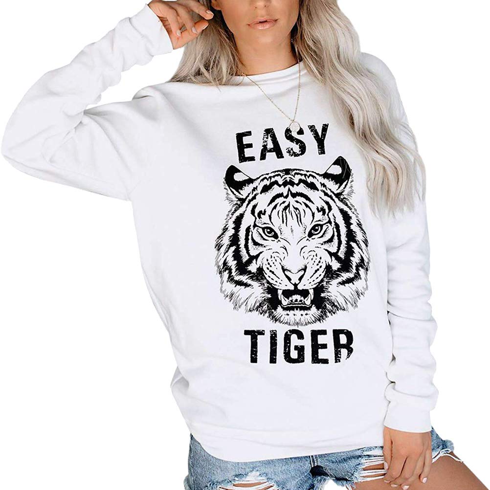 SLEITY Women Easy Tiger Sweatshirt Tiger Face Graphic Casual Fashion Pullover Sweatshirt Tops
