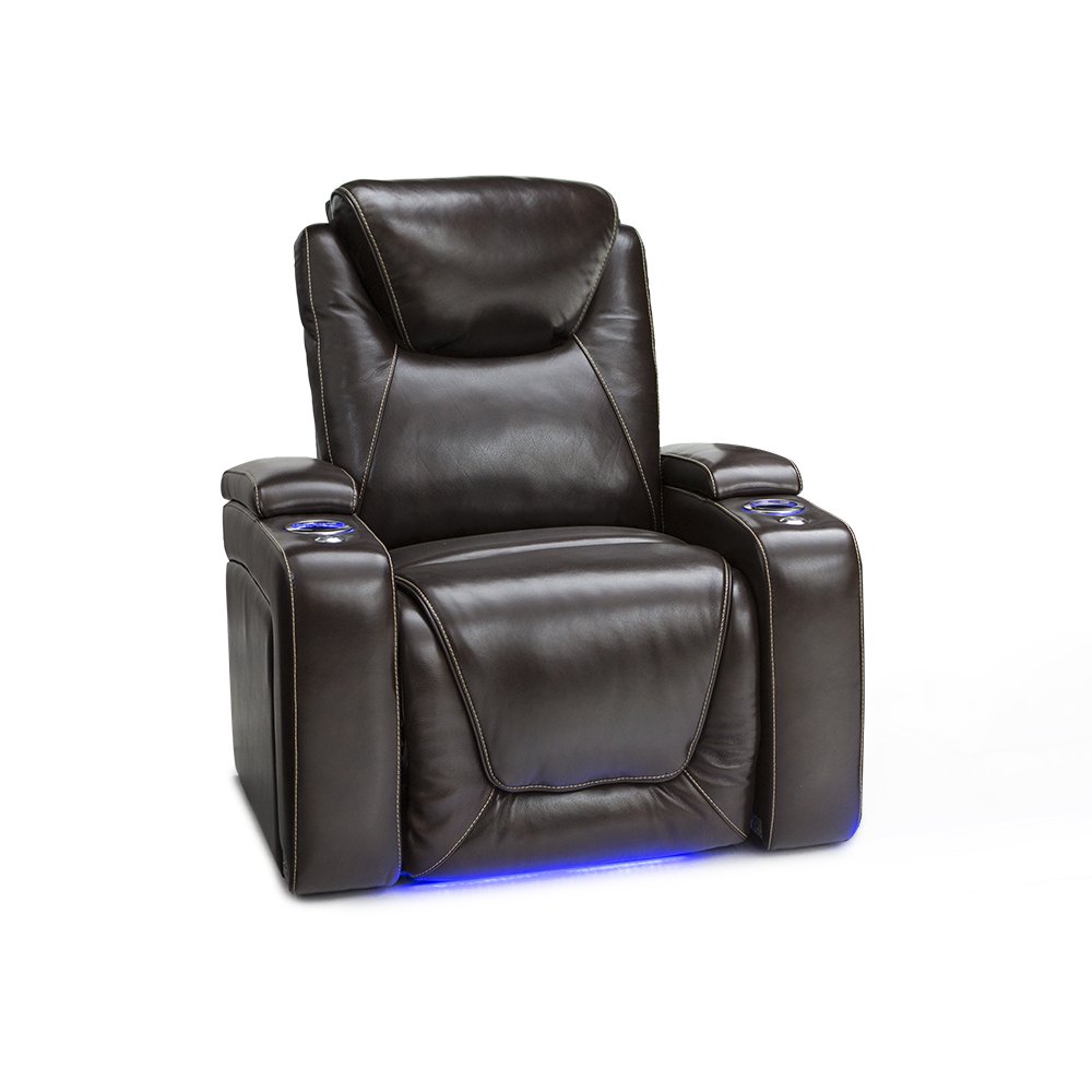 Seatcraft Equinox - Home Theater Seating - Living Room - Top Grain Leather - Power Recline - Powered Headrest and Lumbar Support - Arm Storage - USB Charging - Cup Holders - Single Recliner, Brown
