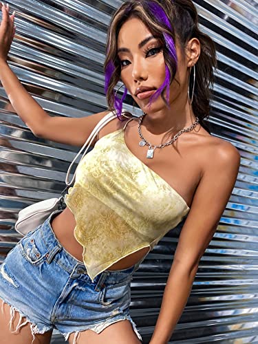 Womens Tops Graphic Print One Shoulder Asymmetrical Hem Mesh Crop Top (Color : Yellow, Size : Small)