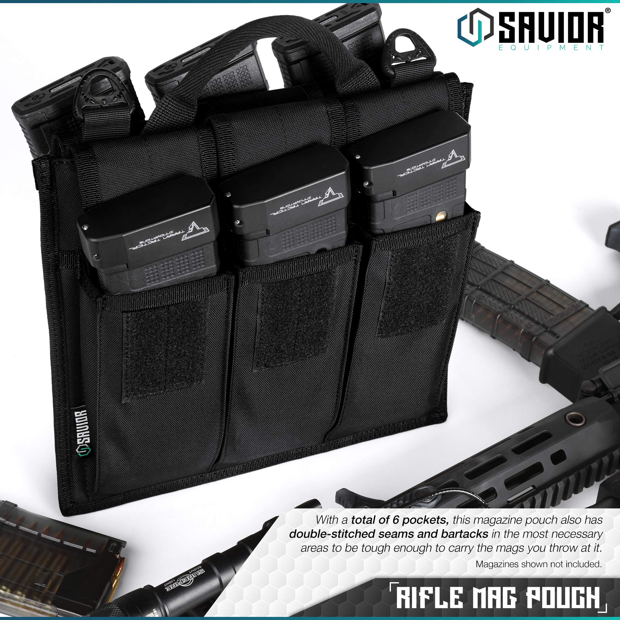 Savior Equipment Tactical Rifle & Pistol Magazine Pouch Carrier for M4 Carbine AR15 AK47 - Up to 6 Extended Mag, Adjustable Padded Shoulder Strap Included Obsidian Black