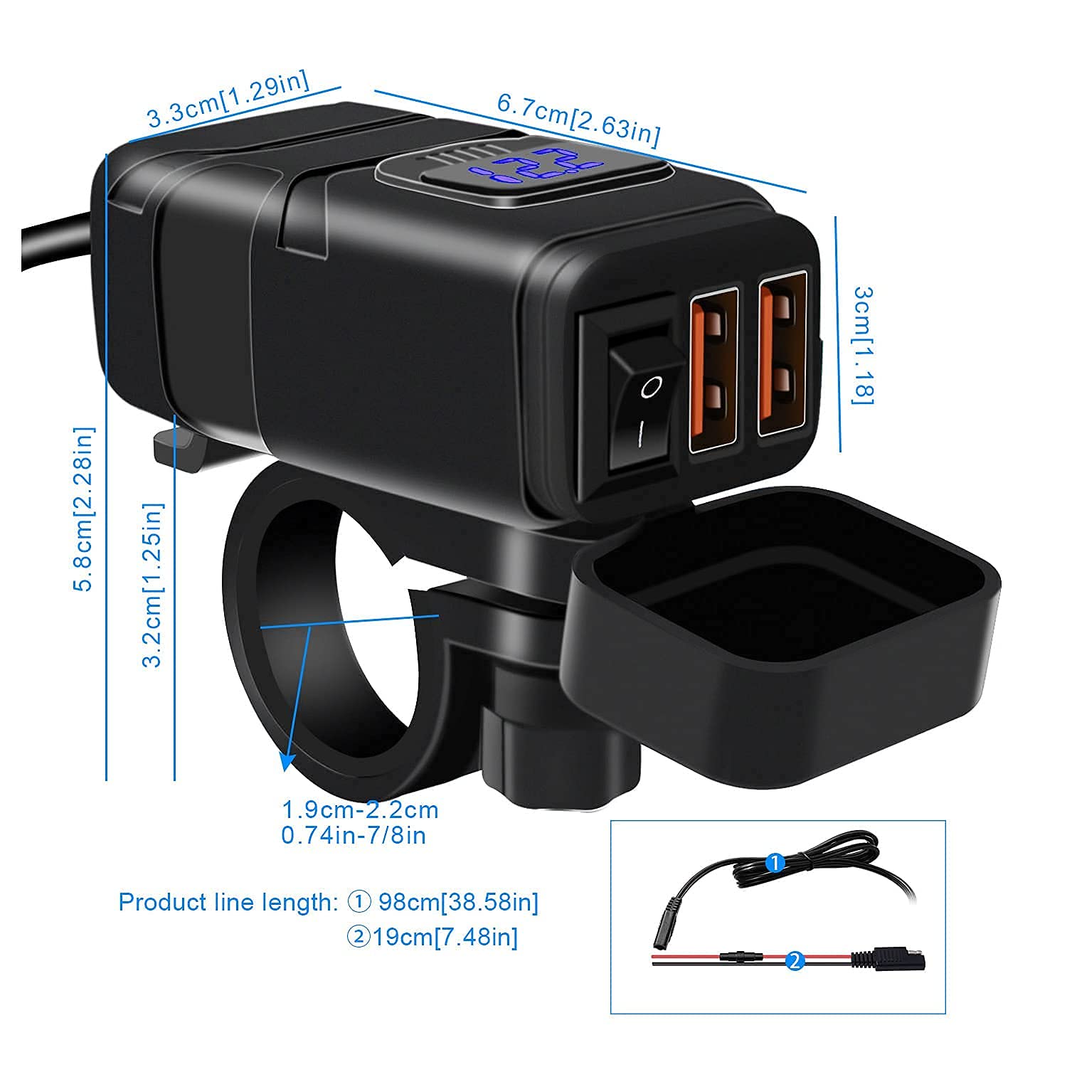 Vemote Motorcycle Phone Charger USB, Waterproof 6.8A Dual Port QC3.0 Fast Charging, Quick Disconnect SAE USB Adapter, Voltmeter, ON/Off Switch&Fuse for Phone,Tablet. (7/8inch Handlebar, Blue)