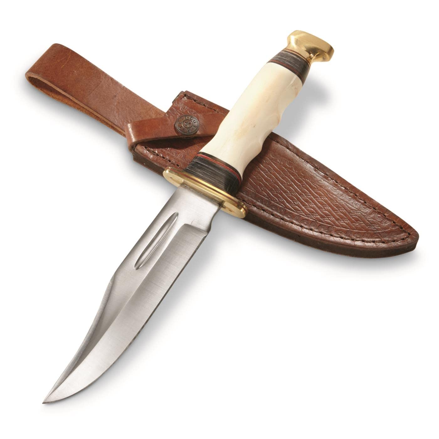 Szco Supplies 11.25" Bone/Wood Handle Bowie Blade Style Hunting Knife with Leather Sheath, Multicolor