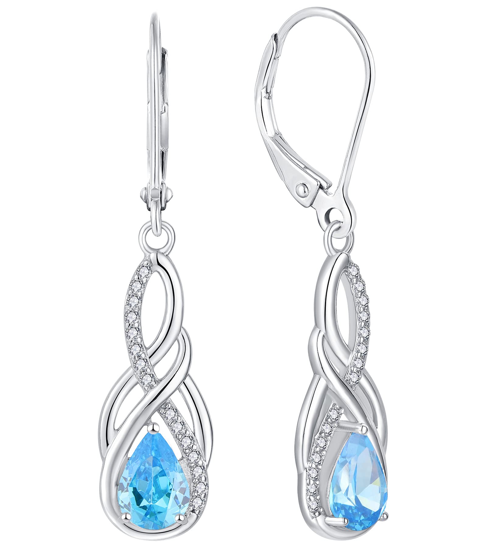 YL Infinity Earrings 925 Sterling Silver Twist Dangle Drop Earring Created Aquamarine Celtic Knot Leverback Jewelry for Women