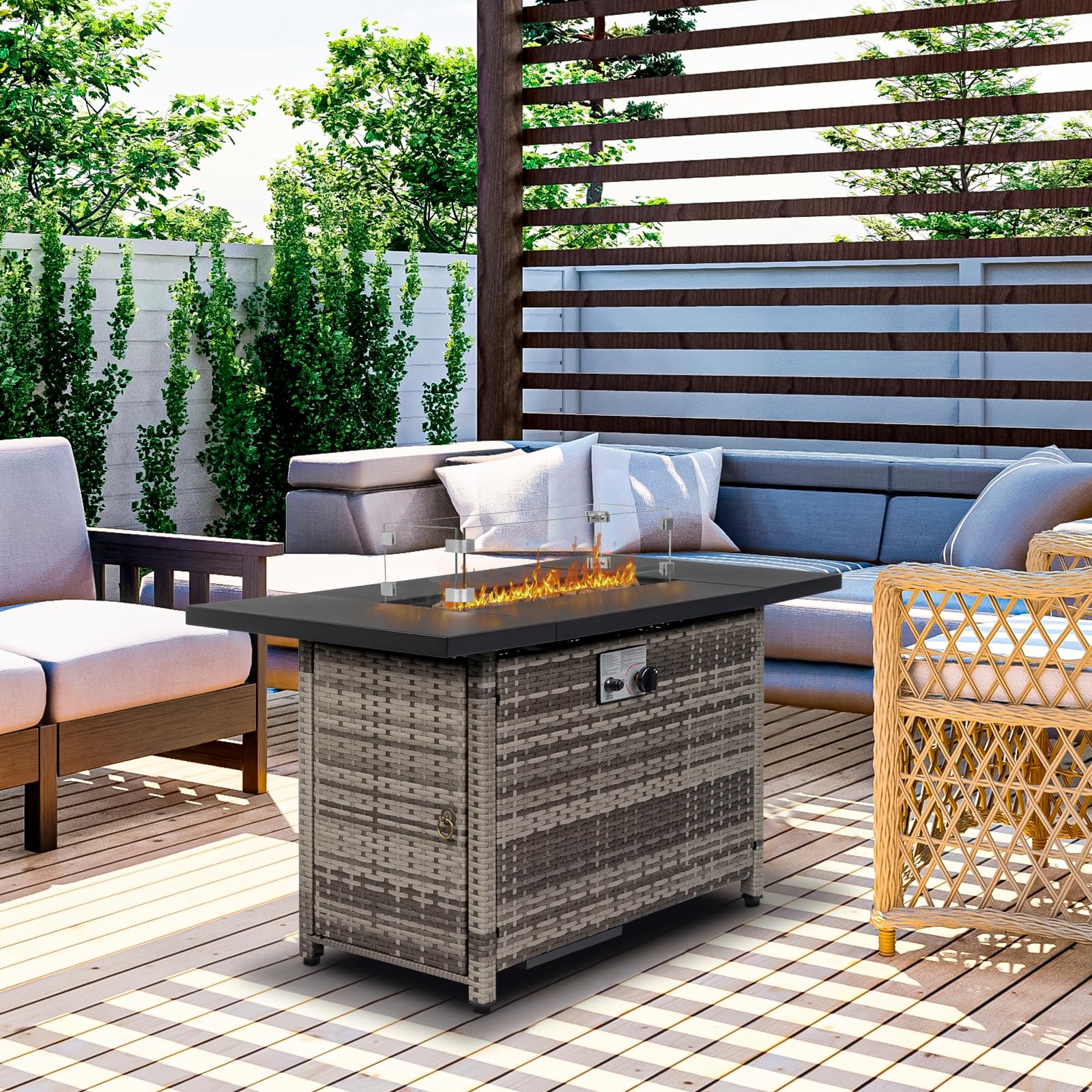 Propane Fire Pit Table, Outdoor Gas Fire Pit Rectangle 50000 BTU, 43 Inch Fire Table for Outside Patio with Auto Ignition, Aluminum Tabletop, Glass Wind Guard, Cover, Beige Wicker
