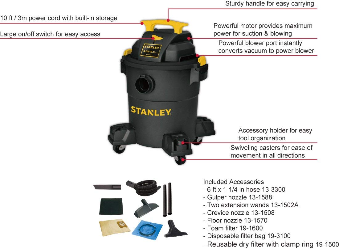 Stanley Wet/Dry Vacuum, 6 Gallon, 4 Horsepower (Renewed)