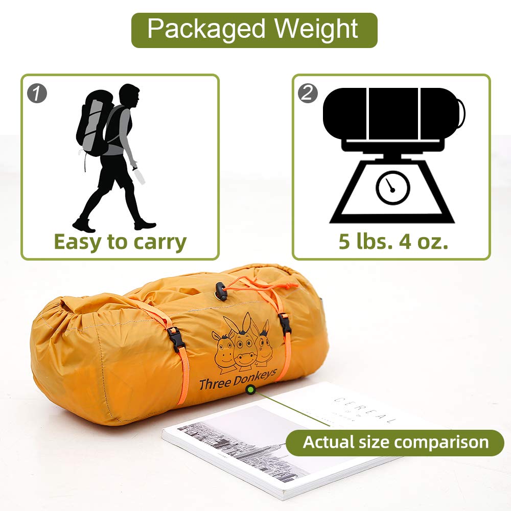 Three Donkeys Breeze-Up 1, 2 and 3 Person Lightweight Waterproof Camping and Backpacking Hiking Tent with Footprint (3P-Yellow Orange)