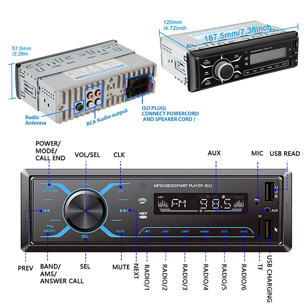 Single Din Car Radio Stereo with Bluetooth 1 DIN in-Dash Car Stereo Support FM Radio App Control, Digital Audio Music Mp3 Player MIC/Dual USB/SD/AUX with Steering Wheel Control