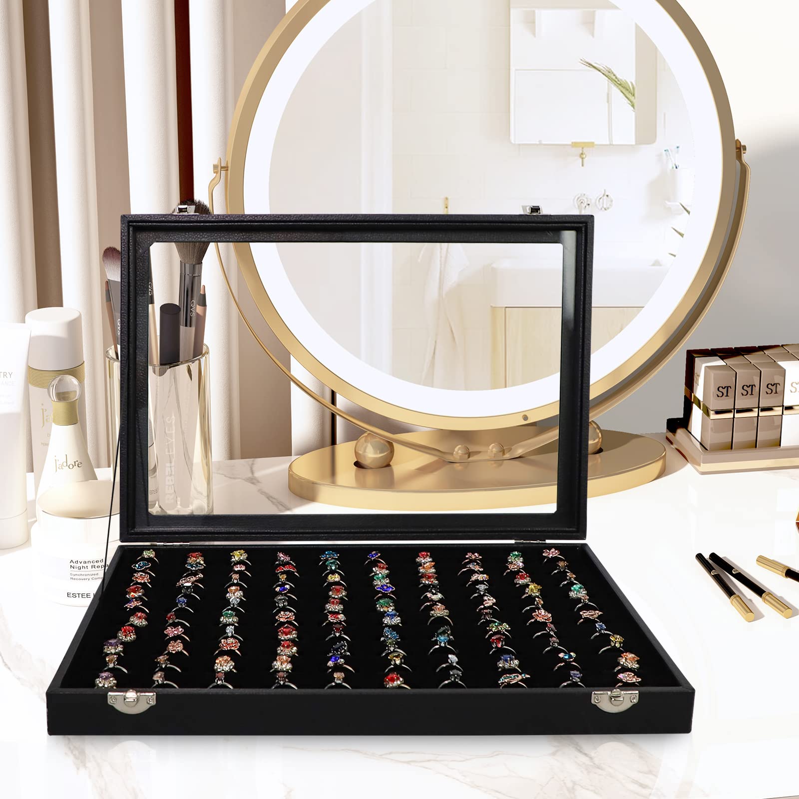 Wudygirl 100 Slots Ring Display Case,Black Jewelry Holder Organizer with Transparent Lid,Ring Boxes for Multiple Rings,Gift for Girls Women(ring organizer)