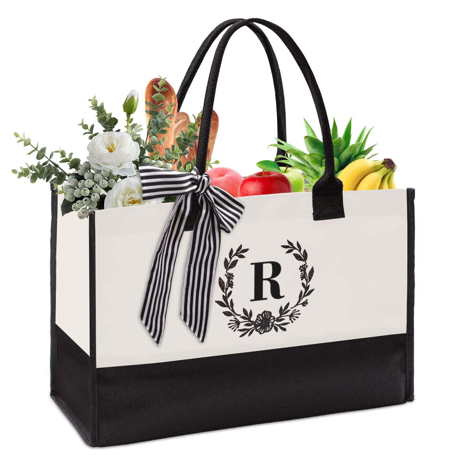 Personalized Initial Canvas Beach Bag,Monogrammed Gift Tote Bag for Women,Suitable for Wedding, Birthday, Beach, Holiday,Black and White Matching.Letter R