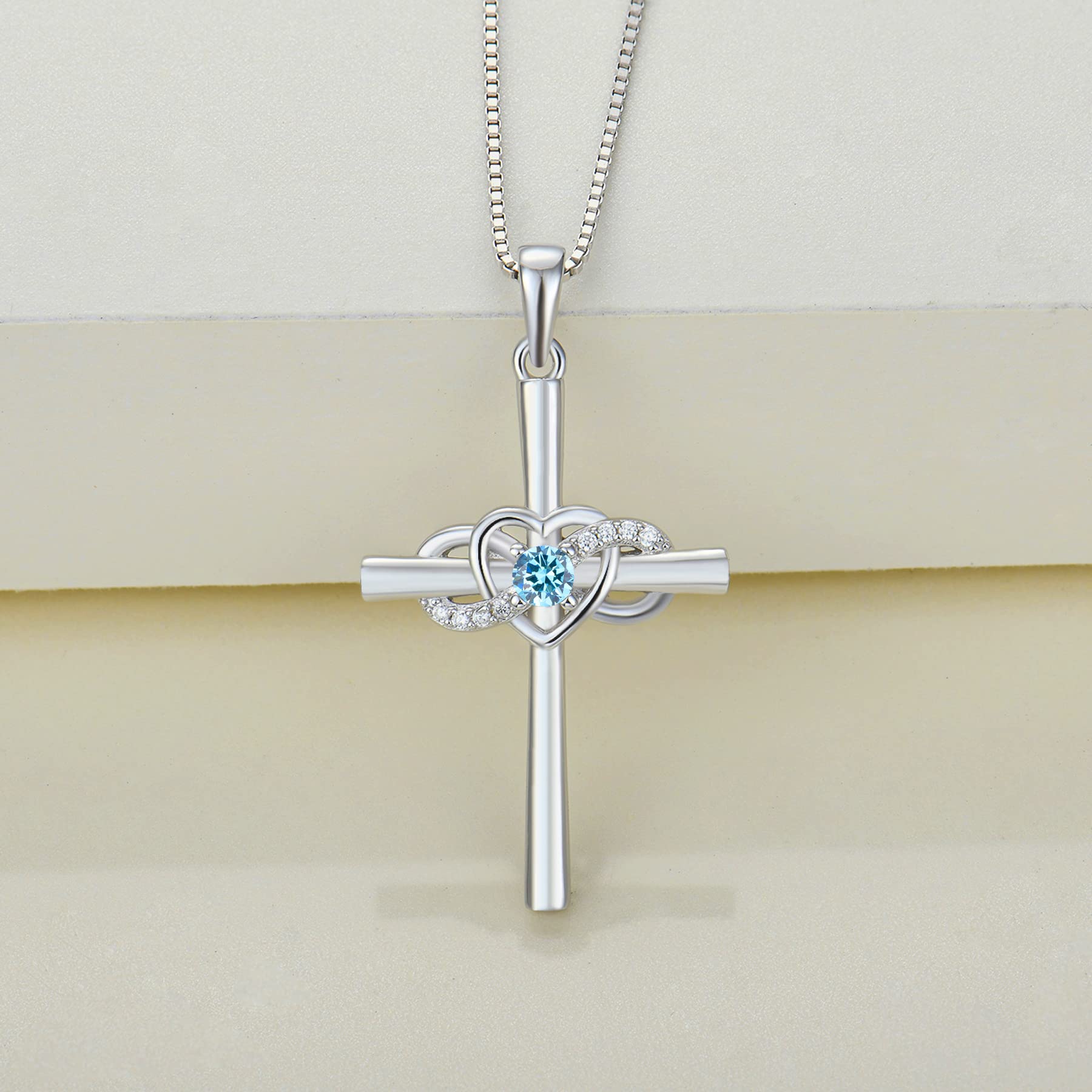 YL Women's Cross Necklace Sterling Silver Infinity Heart Crucifix Pendant Created Aquamarine Criss Jewelry