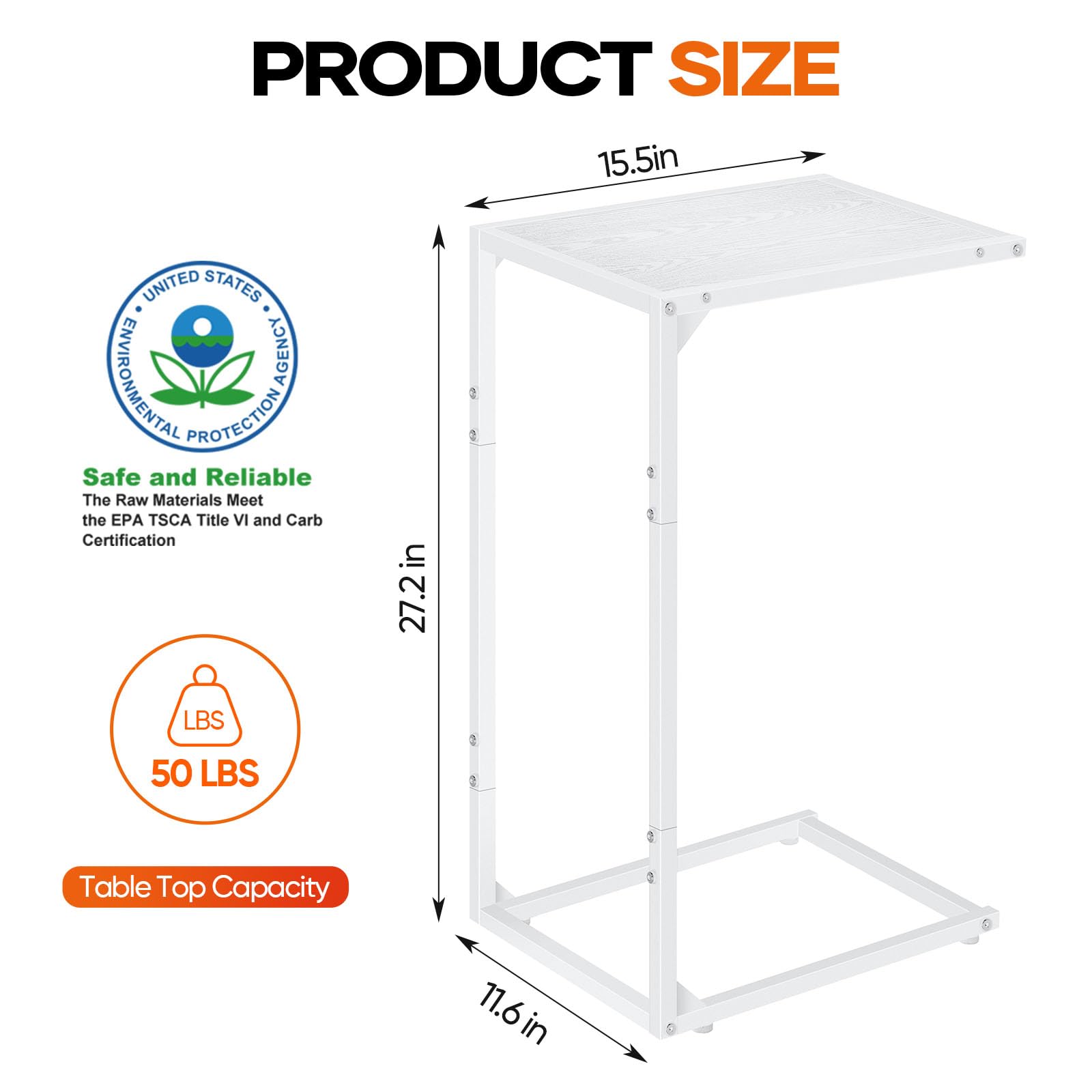 Set of 2 C Shaped End Table, Couch Tables That Slide Under, C Shaped Sofa Table for Couch, C Tray Snack Side Table for Living Room, Bedroom,Sofa, White