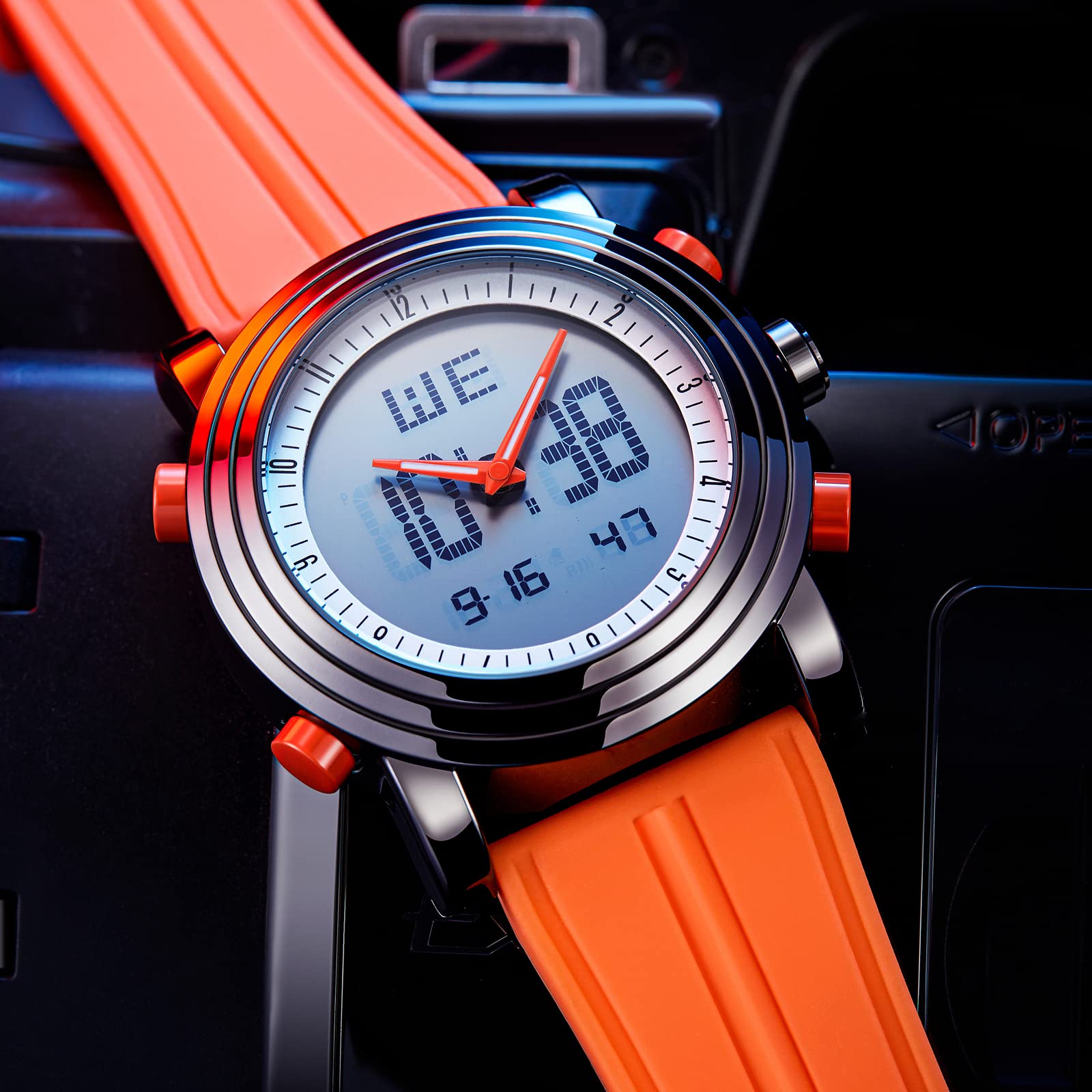 SINOBI Digital Watch Big Case Men Women Sport Watches Luminous Dual Time Display Hour Orange Rubber Strap