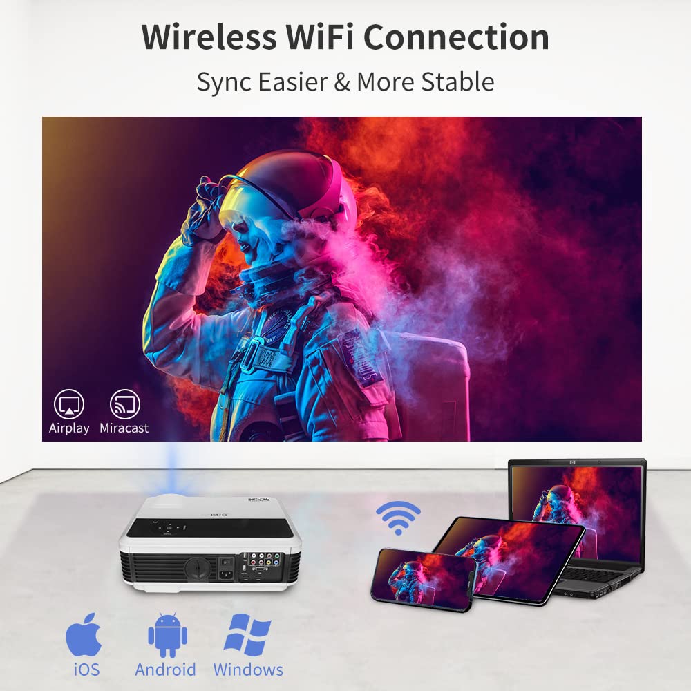 Smart Projector with WiFi & Bluetooth, 200" Indoor Outdoor Movie Projector with Wireless Phone Mirroring & HiFi Speaker, 8000LM Full HD 1080P Home Theater Projector for TV Stick Laptop DVD HDMI USB AV