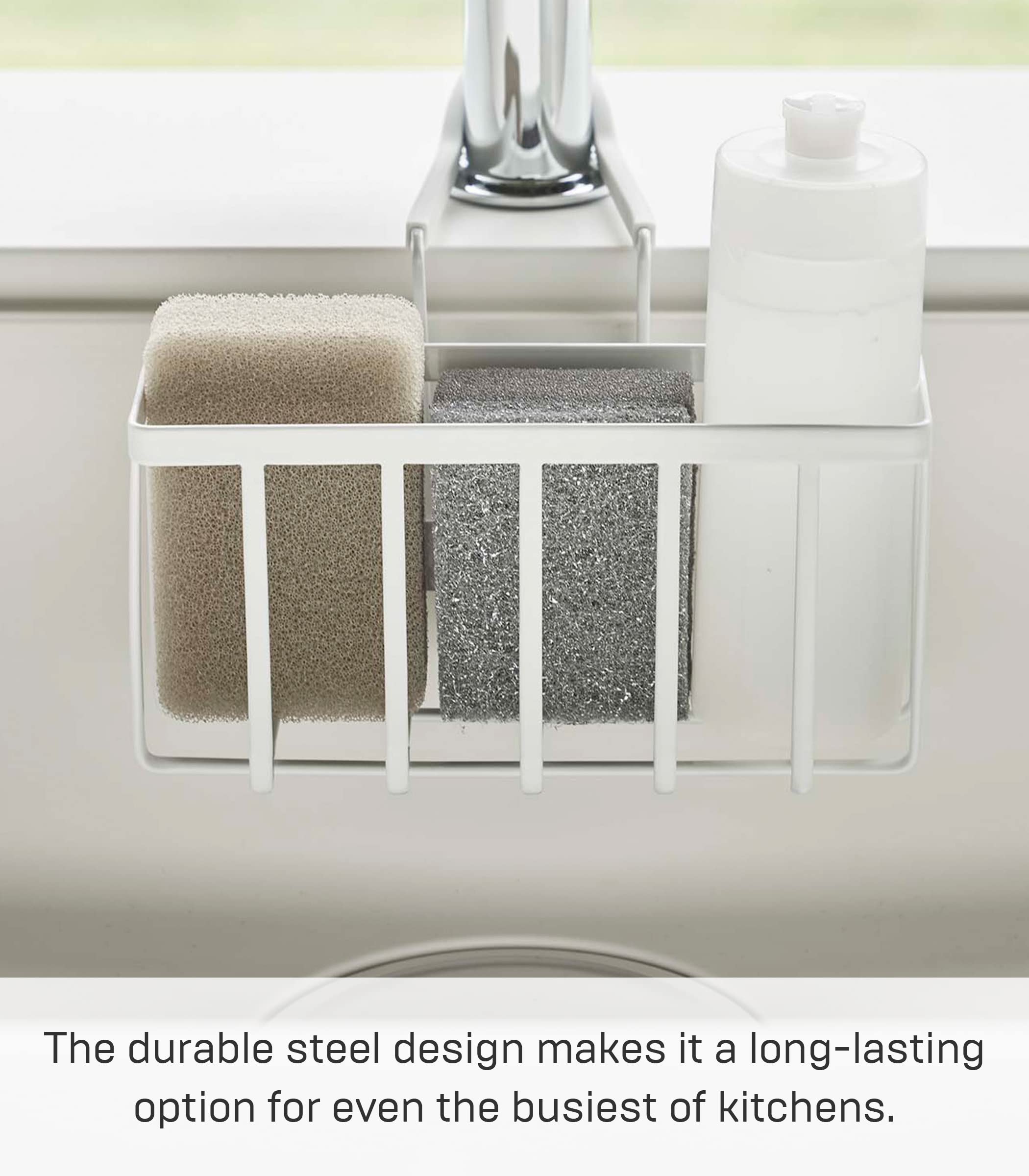 YAMAZAKI Home Faucet-Hanging Sponge Caddy Kitchen Sink Dish Soap Bottle Brush Scrubber Organizer Holder, Metal with Silicone Protection | Steel, One Size, White