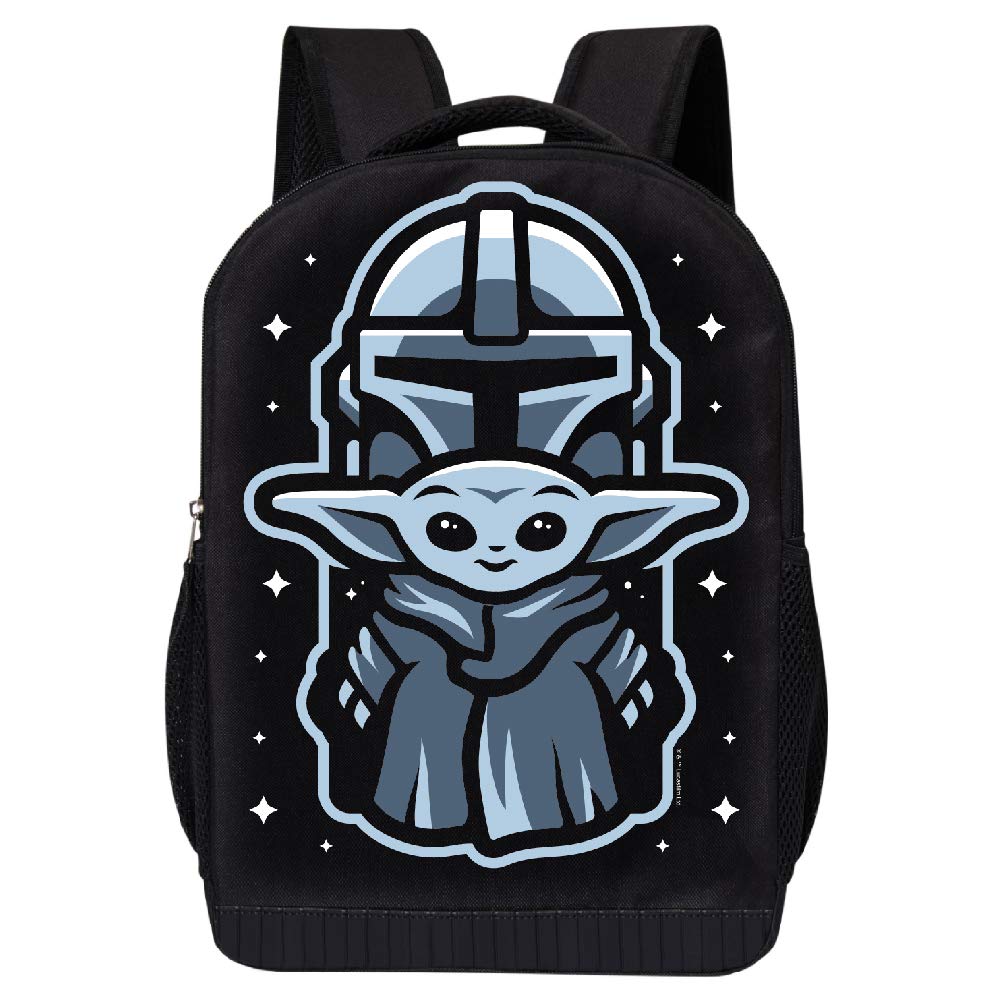 STAR WARS BLACK MANDALORIAN BACKPACK 18 INCH AIR MESH PADDED BAG (The Child and Cup)