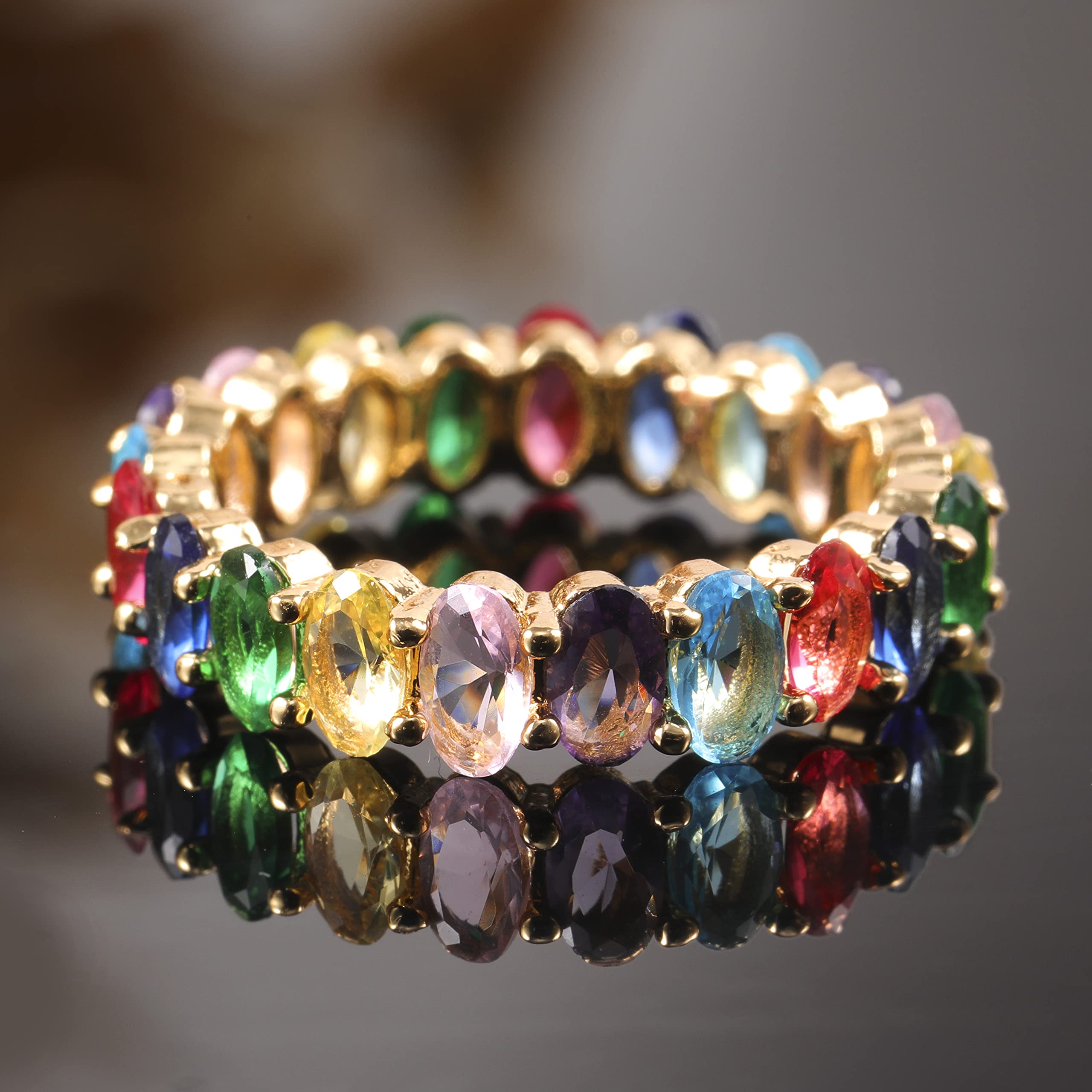 UUJOY 18K Gold Plated Cubic Zirconia Oval Cut Eternity Ring Wedding Band, Handmade Eternity Rainbow Ring,Engagement Anniversary Ring for Women Men…