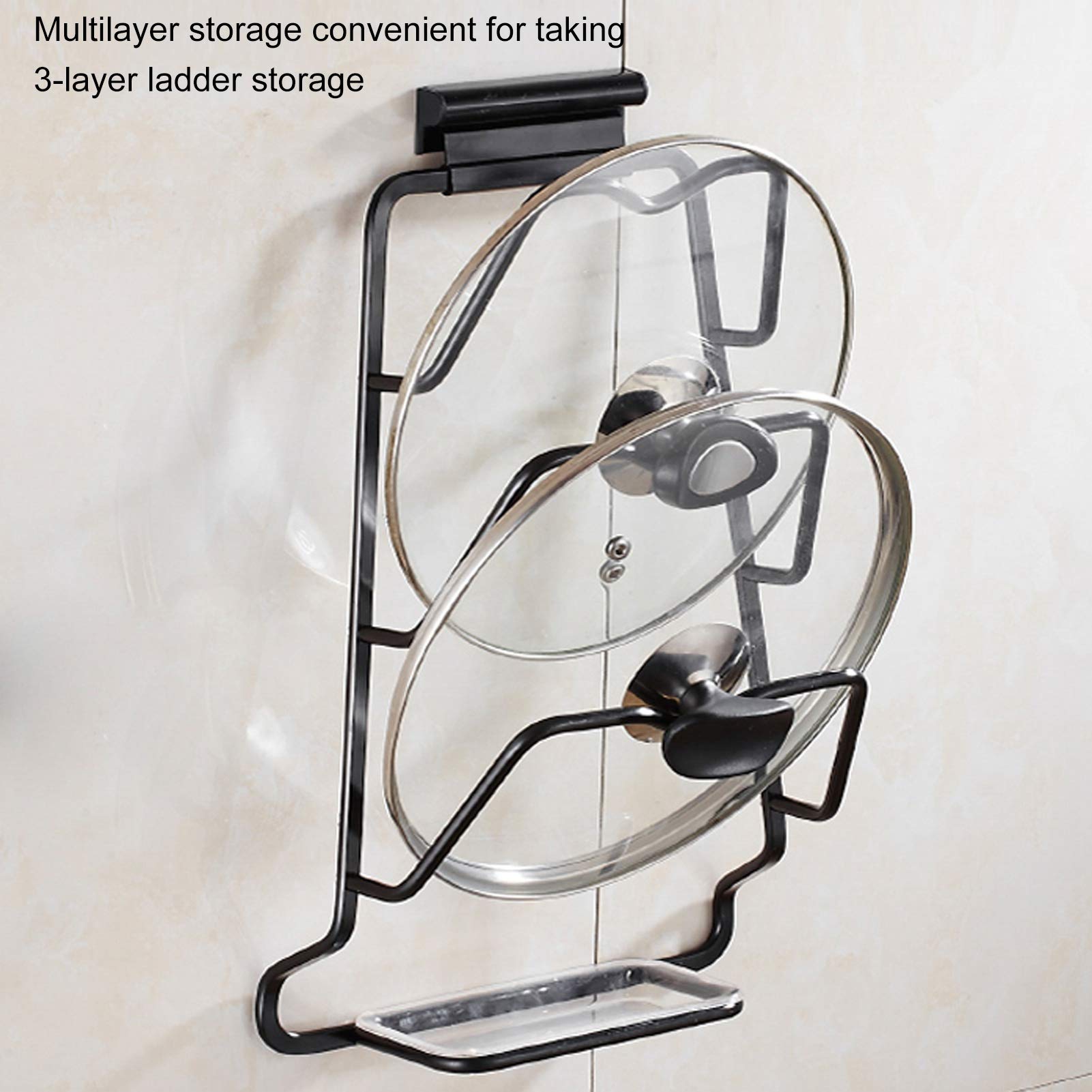 VTOSEN Versatile Black Wall Mounted Pot Lid Storage Rack Cutting Board Stand Kitchen Organizer for Plate, Pot Lid, Cutting Board Storage(L)