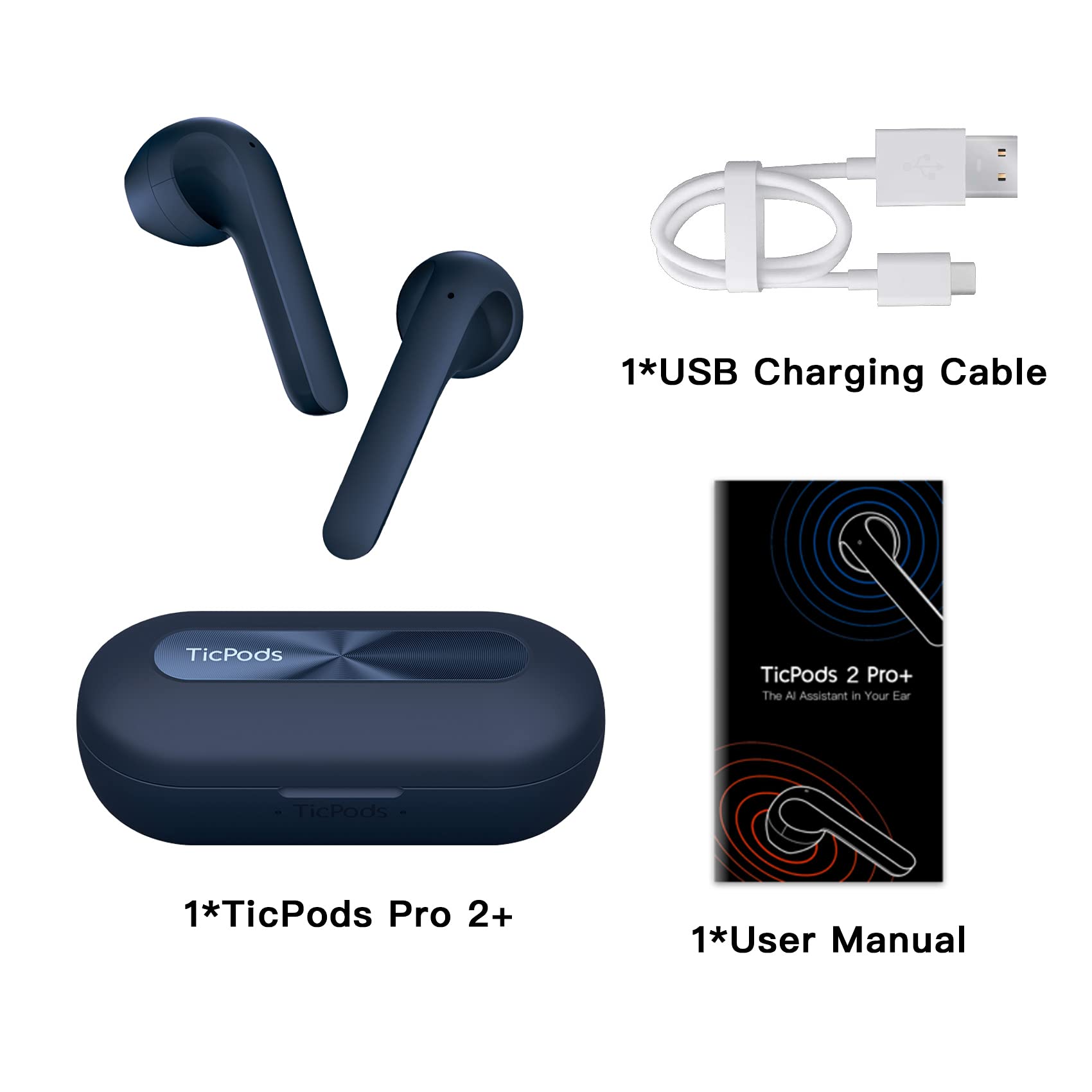 TicPods 2 Pro Plus True Wireless Earbuds Independent Connection Bluetooth 5.0 with Dual-Mic Semi-in-Ear Design Voice Assistant Head Gesture Touch Controls IPX4 Waterproof 20H Battery, Navy