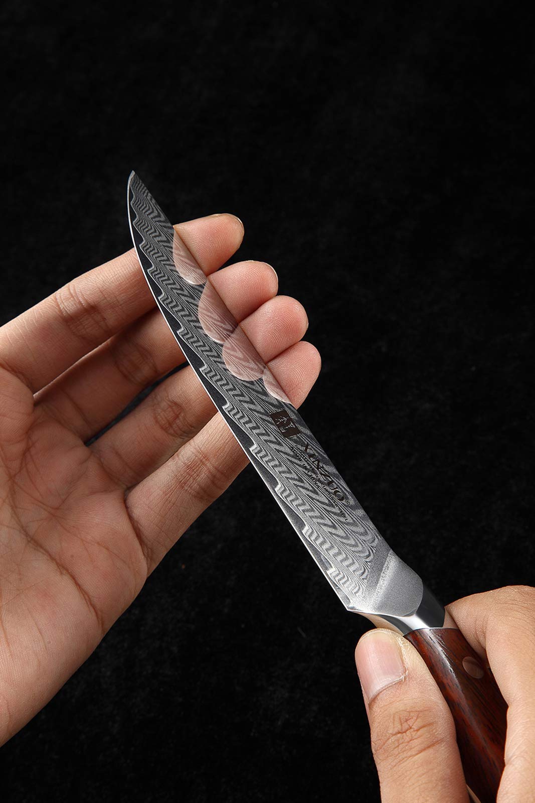 XINZUO Damascus Steel 4Pcs Steak Knife Set, 5 Inch Premium Dinner Knife Set Sharp Kitchen Table Knives -Straight Edge Blade -Triple Rivet -with Gift Box -Ergonomic Rosewood Handle-Yi Series