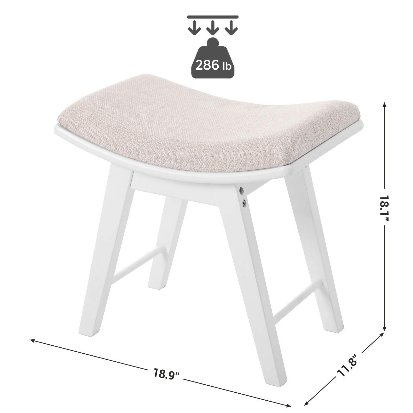 SONGMICS Vanity Stool, Modern Concave Seat Surface Makeup Dressing Stool Padded Bench with Rubberwood Legs, Capacity 286lb, Easy Assembly, White URDS51W