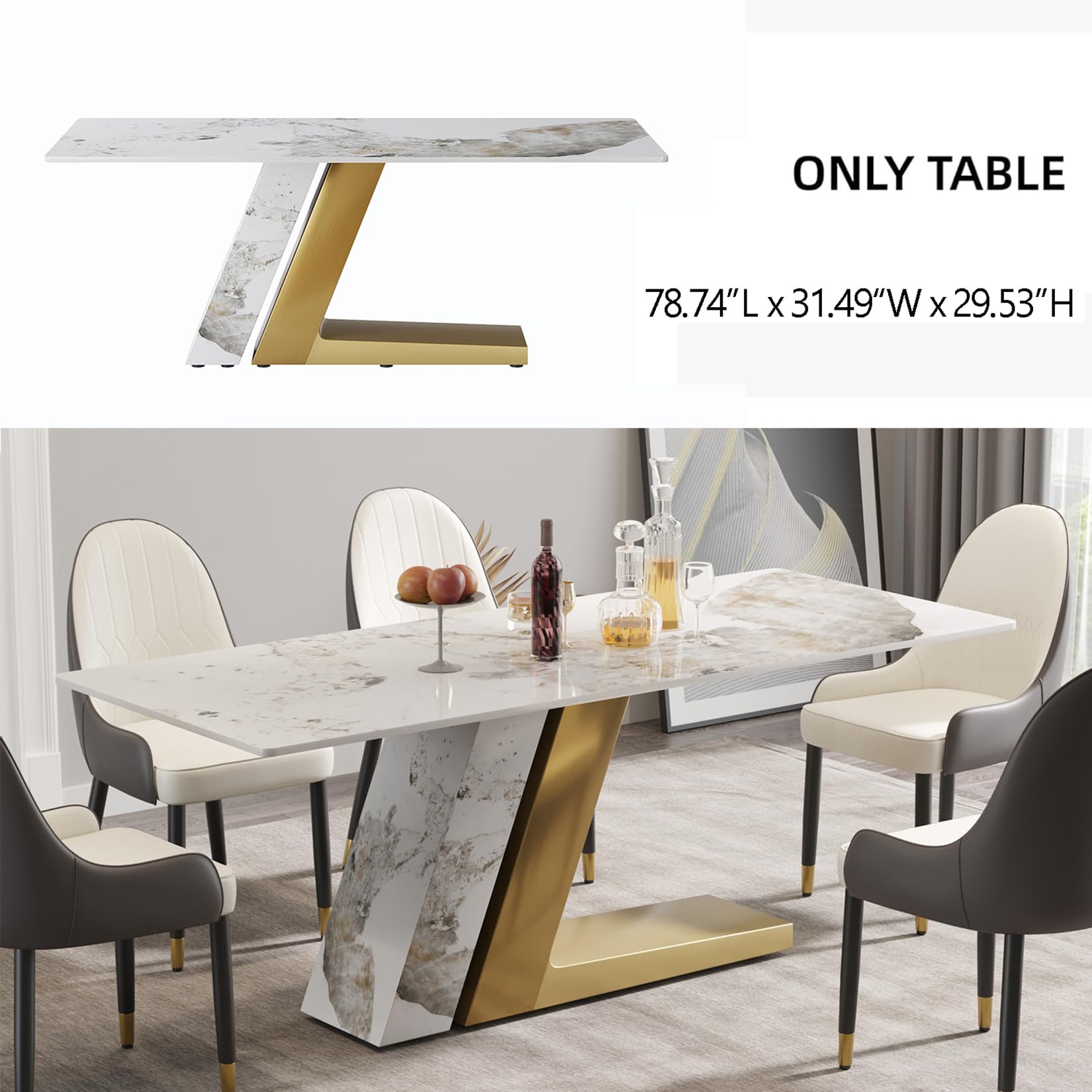 Sintered Stone Dining Table, 78.74" Modern Dining Room Table for 8 Person with Metal Base, Rectangle Kitchen Table Coffee Table for Apartment, Office Multifuntional Meeting Desk(Table Only)