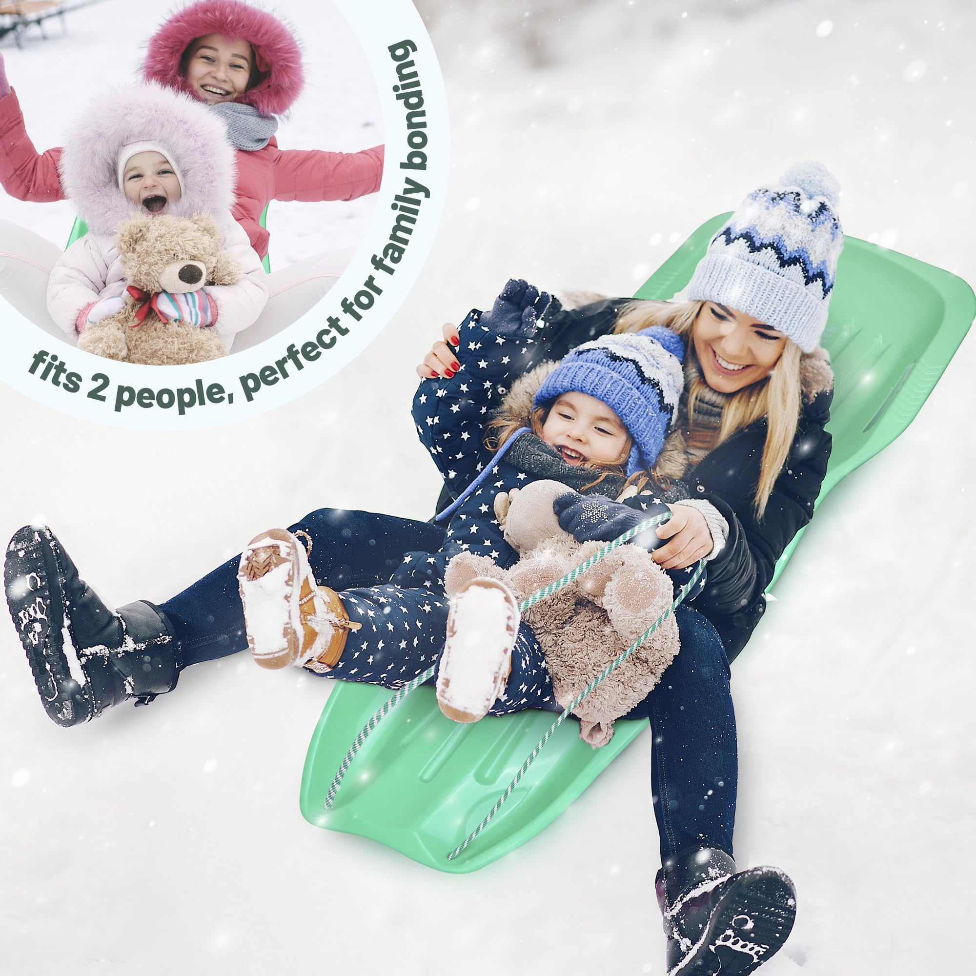 Slippery Racer Downhill Xtreme Flexible Adults and Kids Plastic Toboggan Snow Sled for up to 2 Riders with Pull Rope and Handles, Green