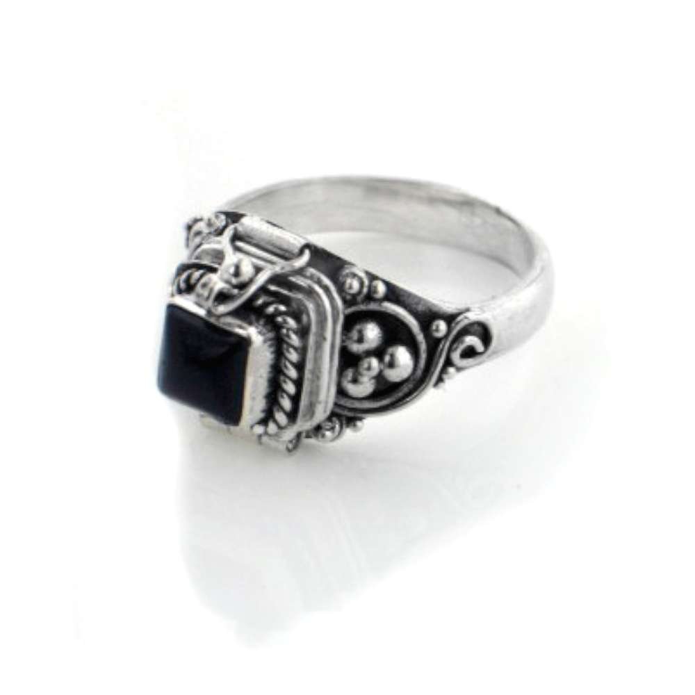 Small Square Sterling Silver Black Onyx Poison Box Locket Ring Size 7(Sizes 4,5,6,7,8,9,10,11)