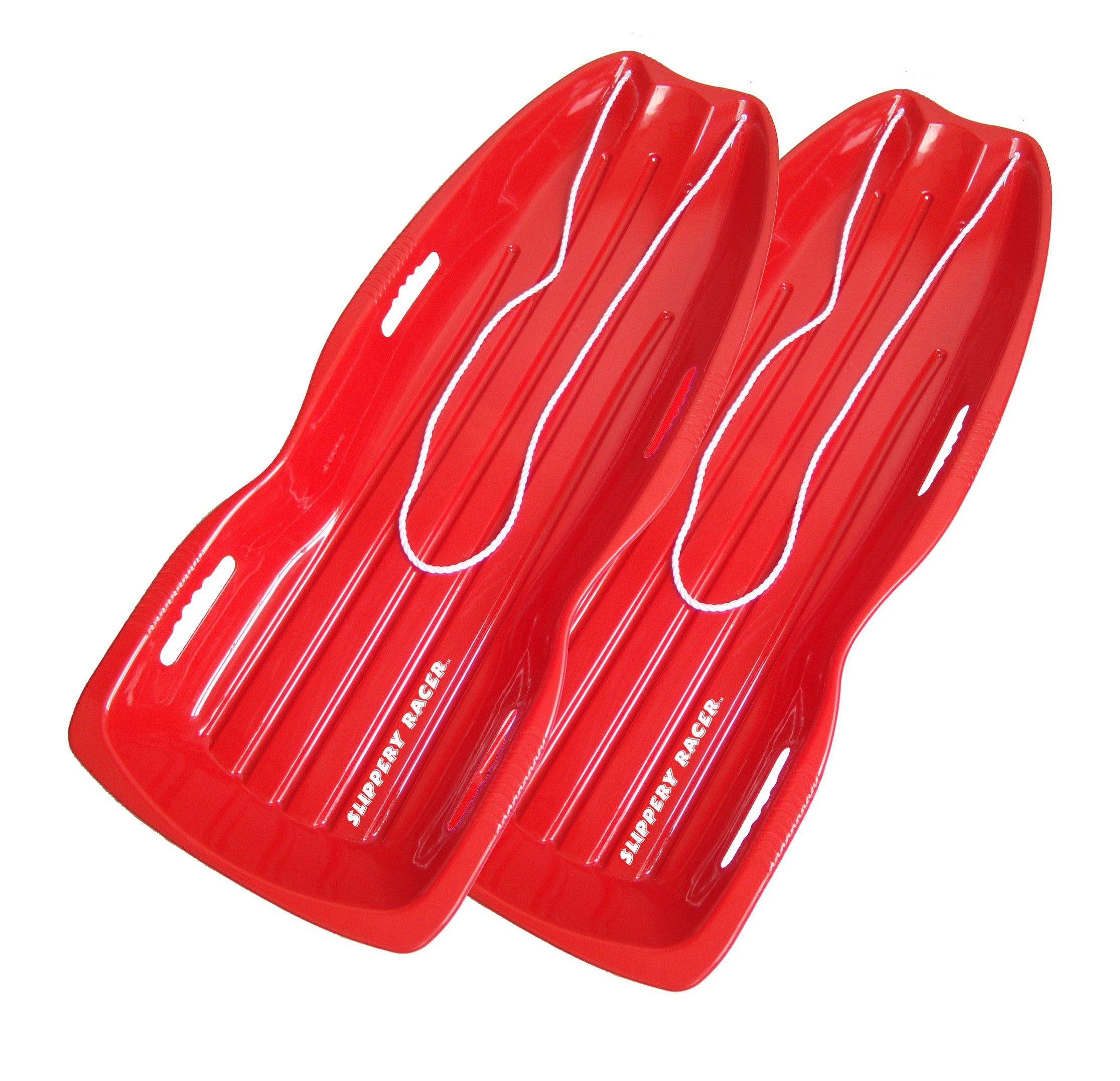 Slippery Racer Downhill Xtreme Flexible Adults and Kids Plastic Toboggan Snow Sled for Up to 2 Riders with Pull Rope, (2 Pack) (Red/Red)