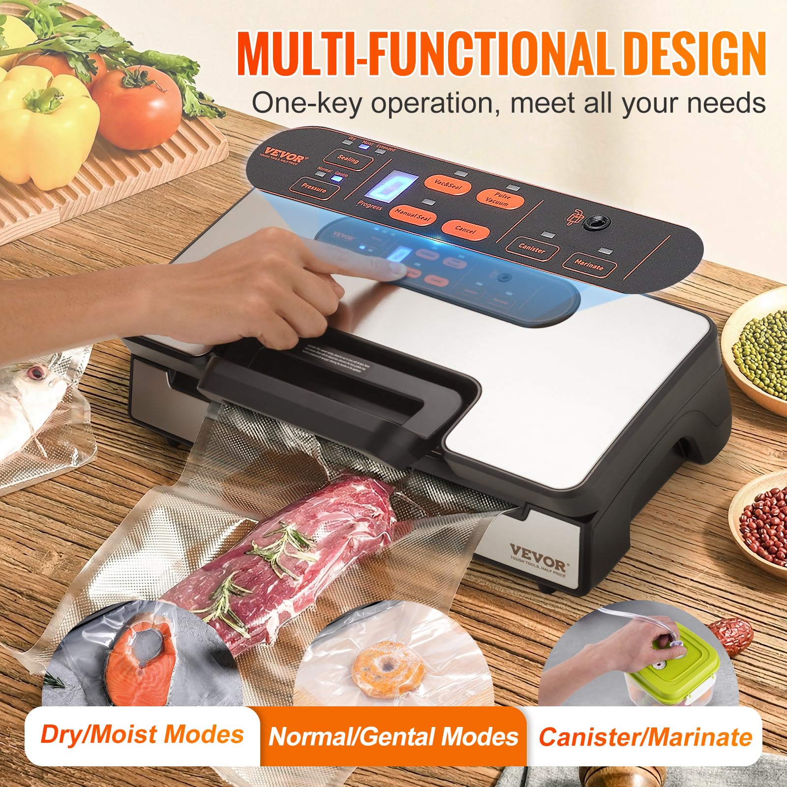 VEVOR Vacuum Sealer Machine, Food Sealer Machine,Dry and Moist Food Storage, Automatic and Manual Air Sealing System with Built-in Cutter, with Seal Bag, External Hose 90Kpa 130W Powerful Dual Pump
