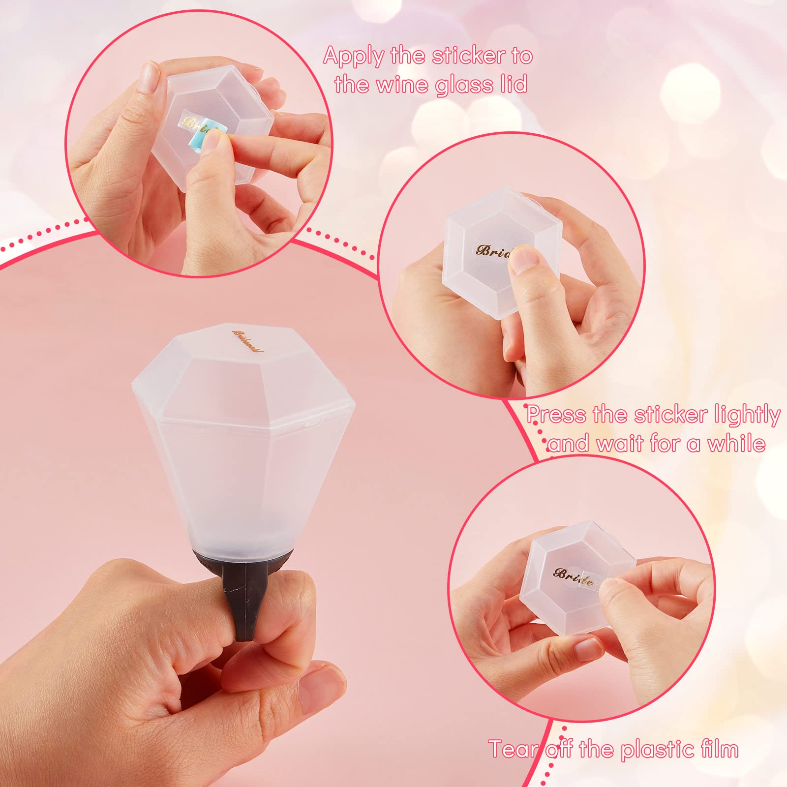 Tessco 8 Pcs Wedding Ring Shot Glass LED Light up Plastic Flash Ring Shot Glasses for Wedding Party Supplies and 8 Pcs Vinyl Gold Bride Bridesmaid Stickers