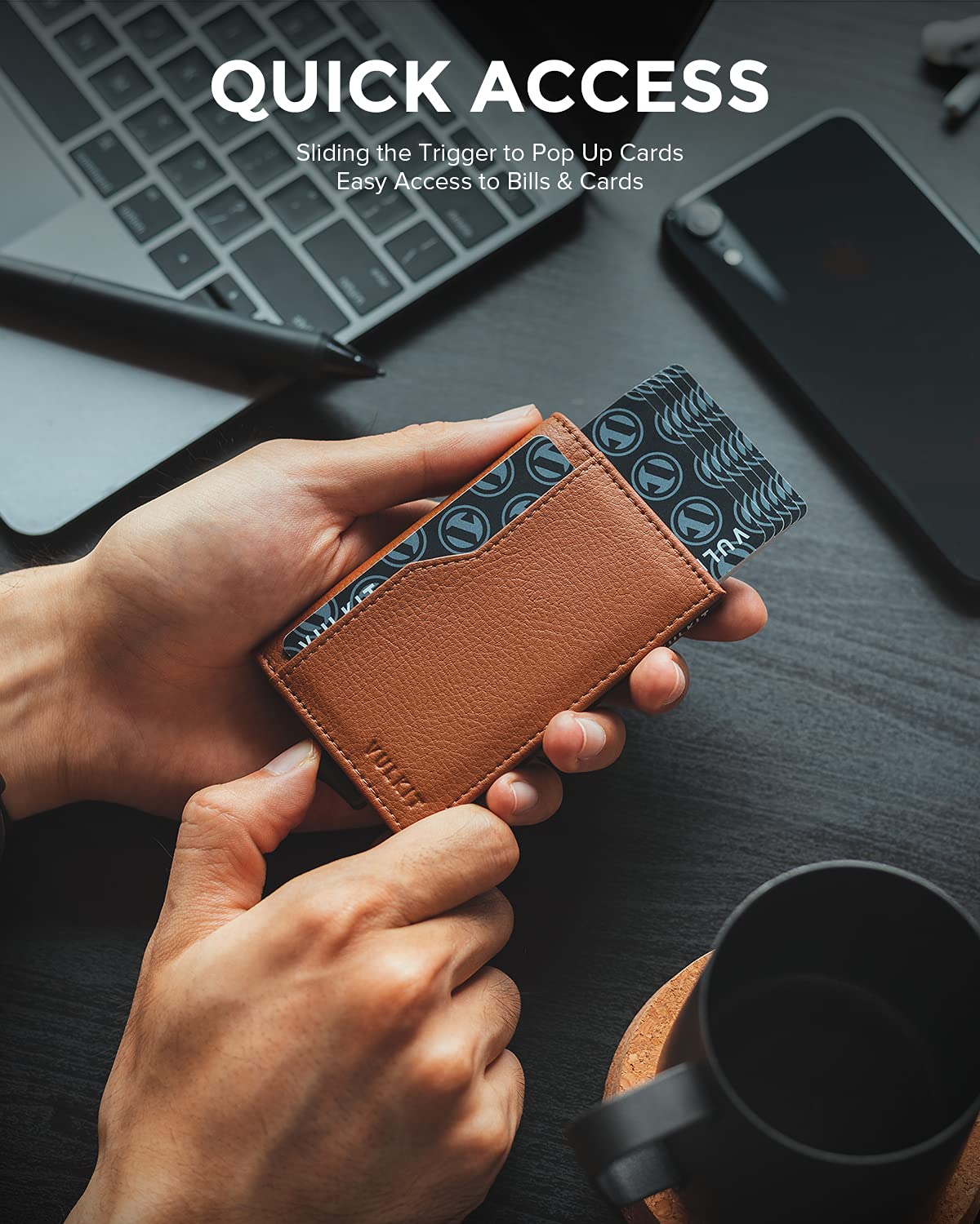 VULKIT Card Holder Wallet for Mens with ID Windows RFID Blocking Pop Up Wallet Slim Leather Wallet Holds Up to 12 Cards Men's Card Case, Brown