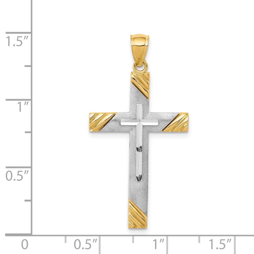 Solid 14k Yellow and White Gold Two Tone Diamond-cut Cross Pendant Charm - 38mm x 19mm