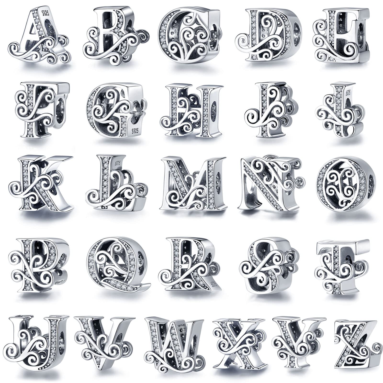 XinYouZhi Initial A-Z Letter Beads 925 Sterling Silver Alphabet Dangle Charms with Cubic Zirconia