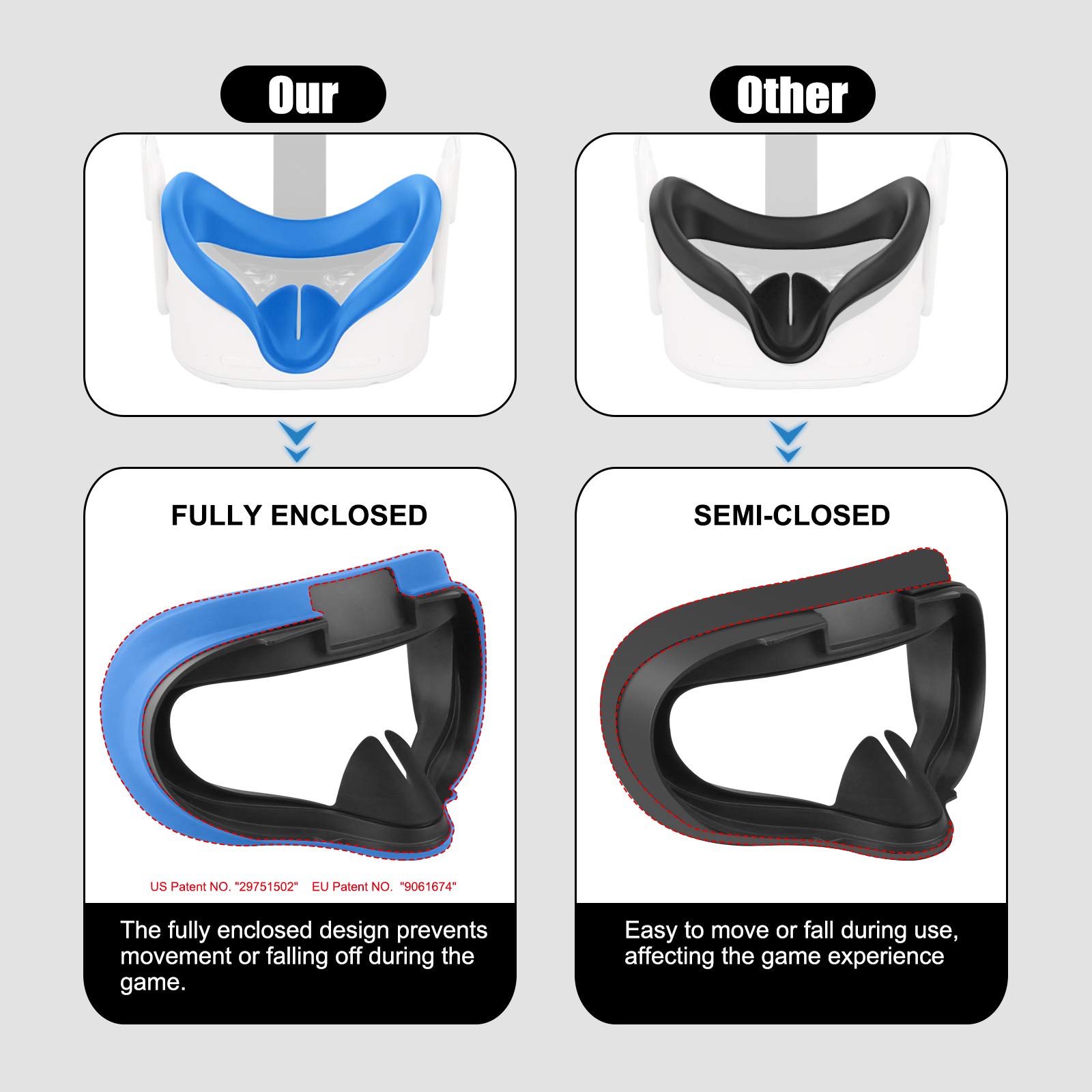 VERSAINSECT ilicone Cover Eye Mask Pad for Oculus Quest 2 Headset Sweatproof Waterproof Oculus Quest 2 Skin Replacement (Red+Blue+Black)