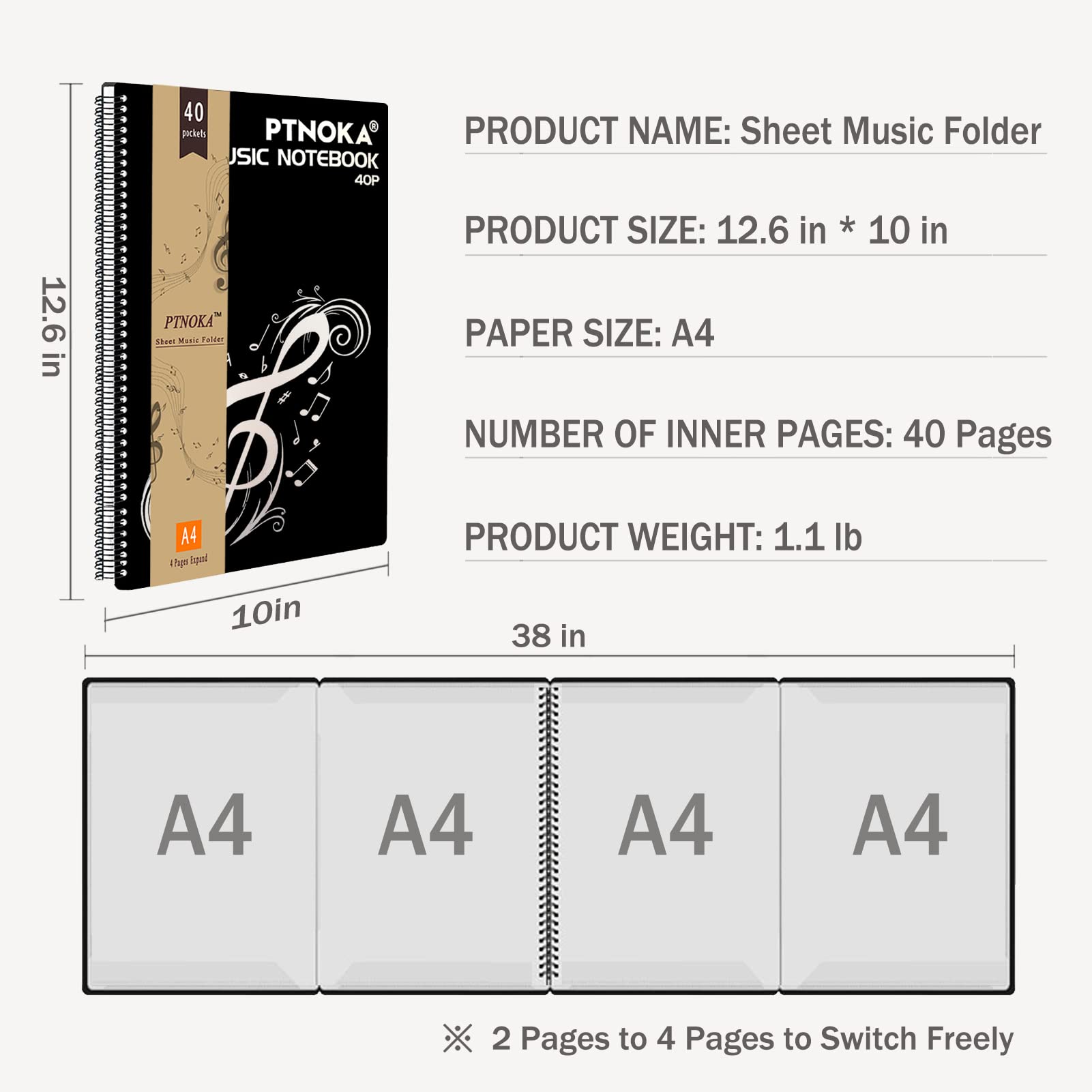 XINYUYAN Sheet Music Folder (Black), 4-Page Expansion and Writing Directly on The Pages, A4 Size, Holds 40 Comes with 2 M-Shaped Clips