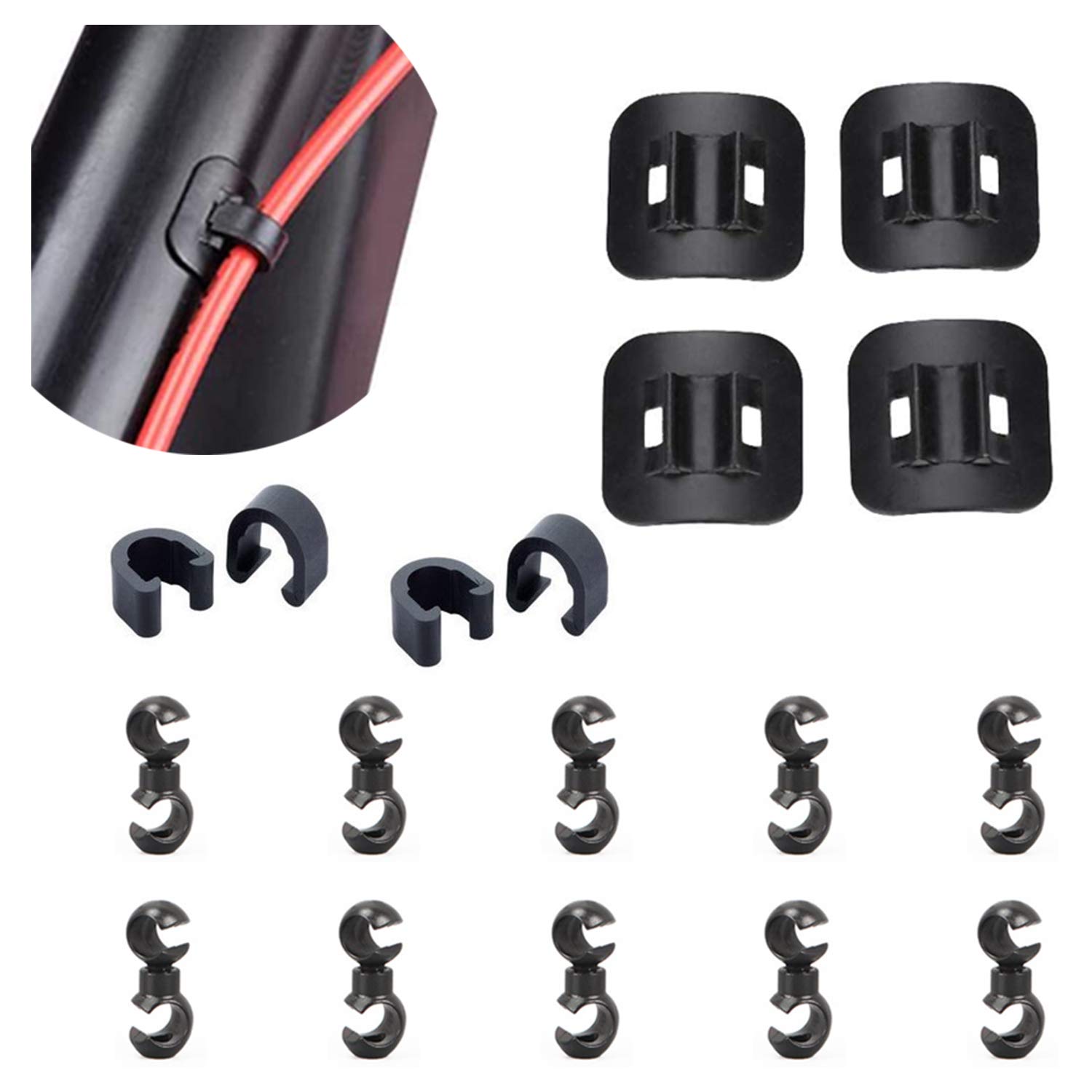 YouU 4 pcs Cable Guide Self-Adhesive Bicycle 4 pcs C-Clip Cable Guide Rotating 10 pcs S-Hook Clips,for MTB Road Mountain Bike Guide Black (Total 18 pcs)