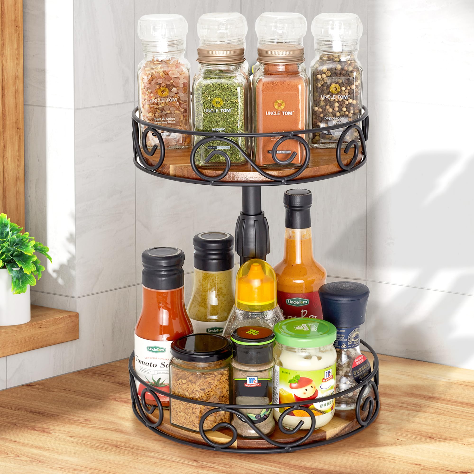 Y&M 2 Tier Lazy Susan, 9ā & 10ā Acacia Wood Lazy Susan Turntable Organizer, Height Adjustable Spice Rack with Steel Sides, Spice Jars Organization for Cabinet, Pantry, Kitchen, Bathroom, Countertop